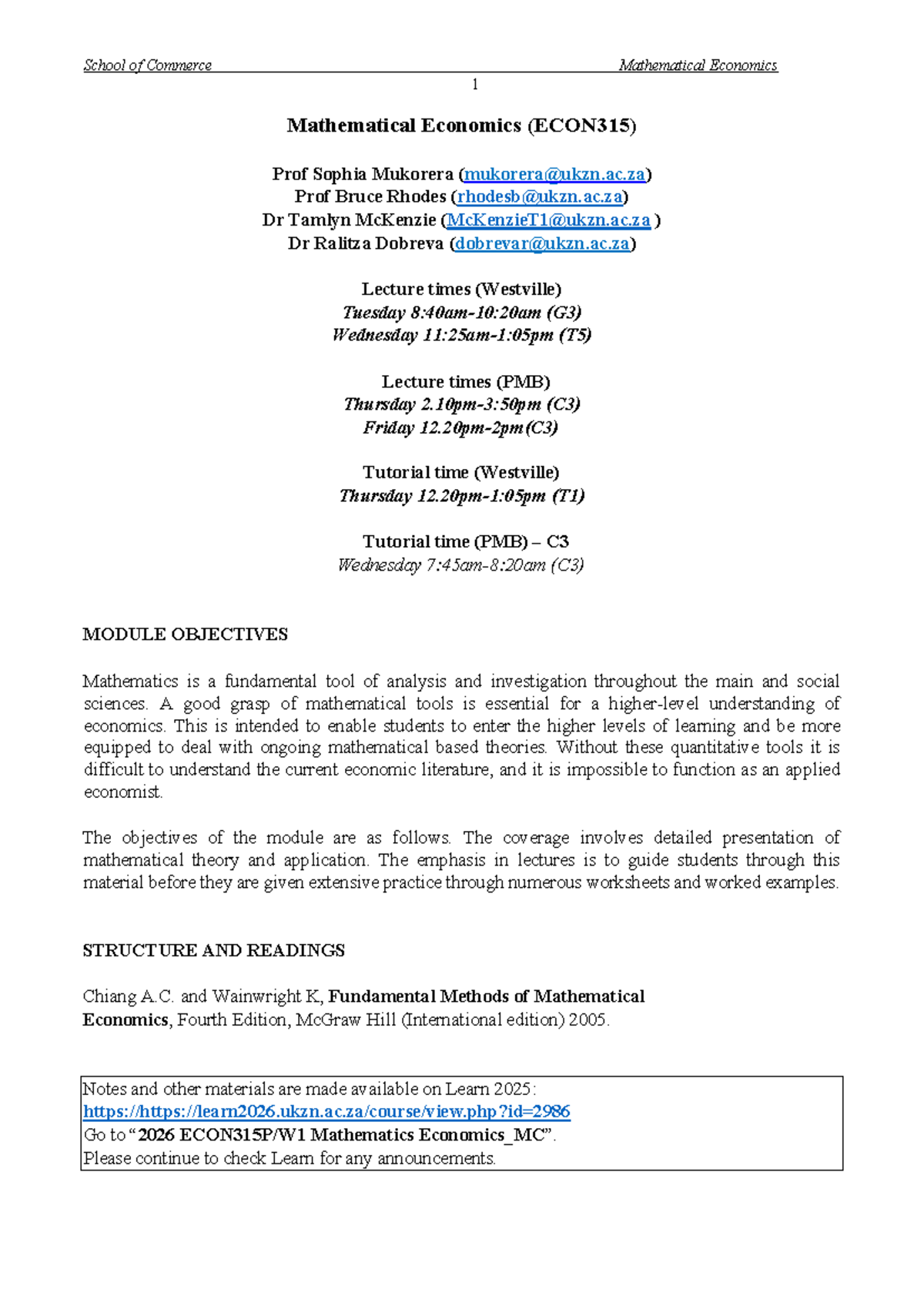 Mathematical Economics (ECON315) Lecture & Tutorial Schedule 2026 - Studocu