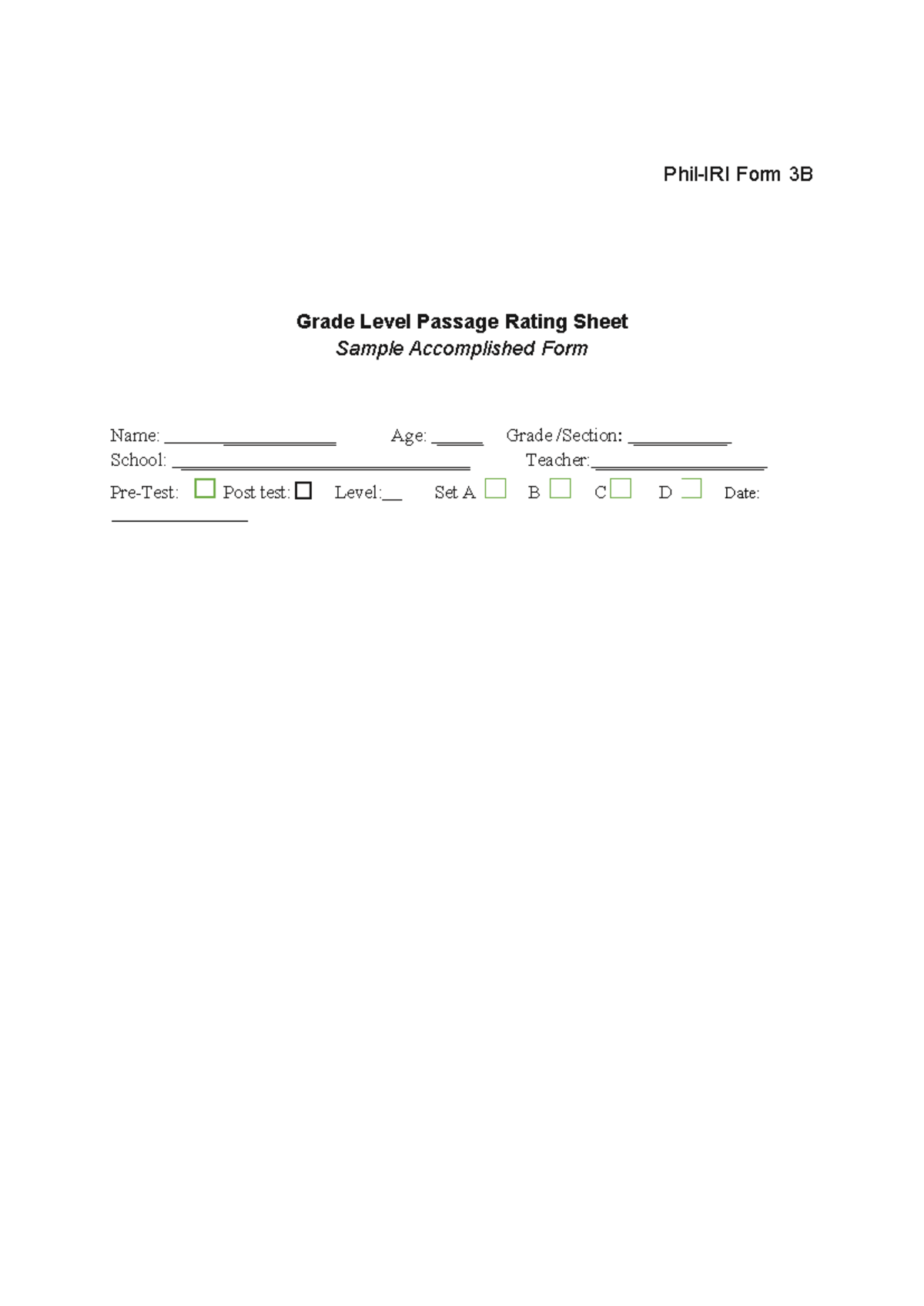 Phil-IRI Form 3B: Comprehensive Reading Assessment Templates - Studocu