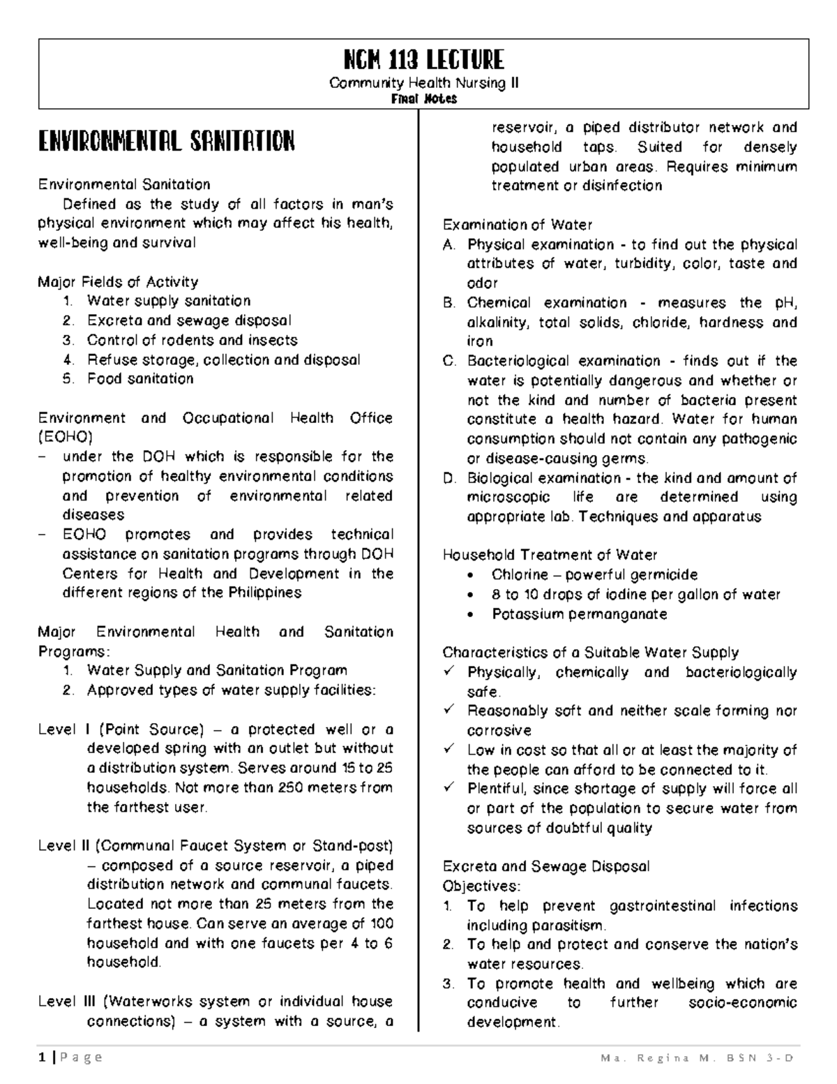 NCM 113 Lecture - Community Health Nursing II: Environmental Sanitation ...