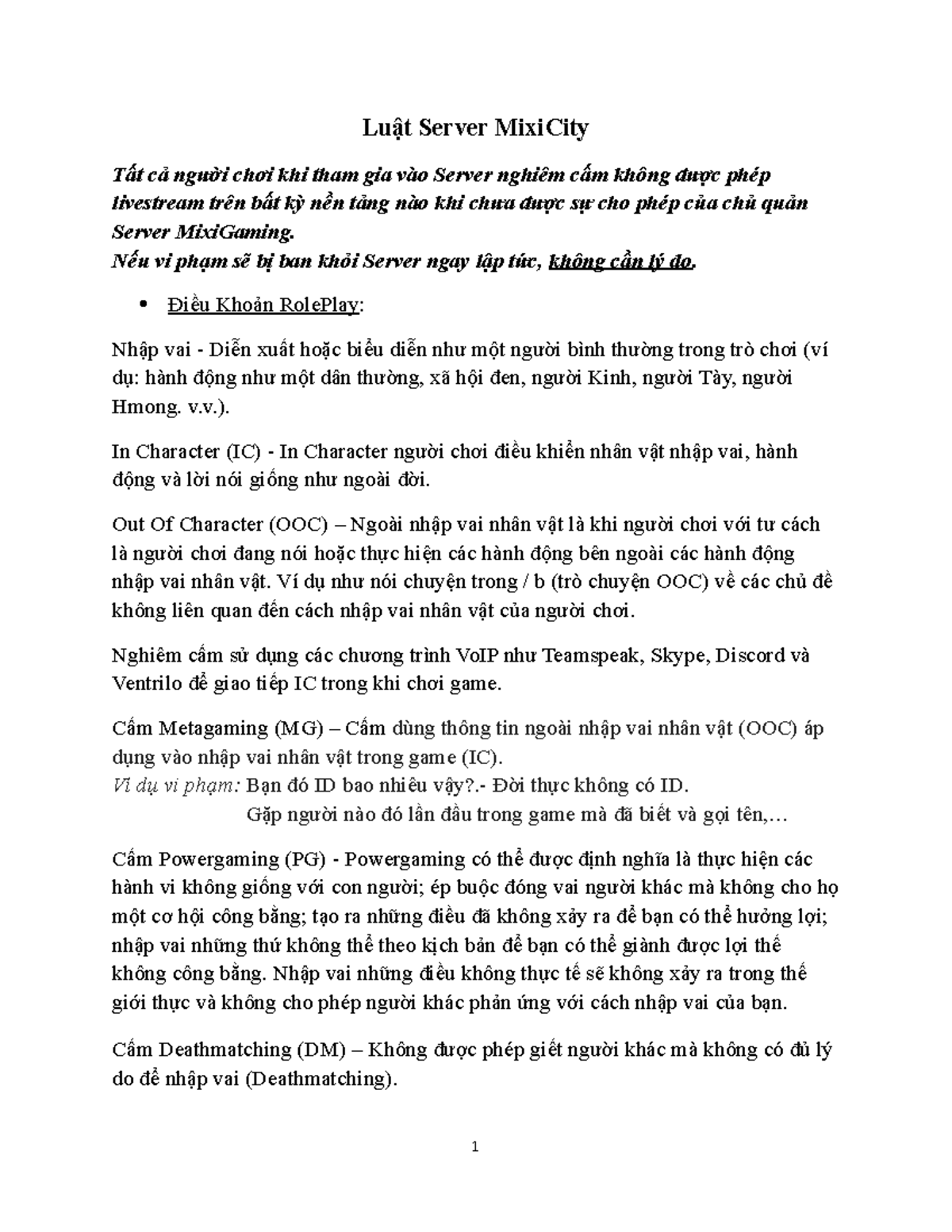 Quy Tắc và Luật Chơi trong Server Mixi City - Studocu