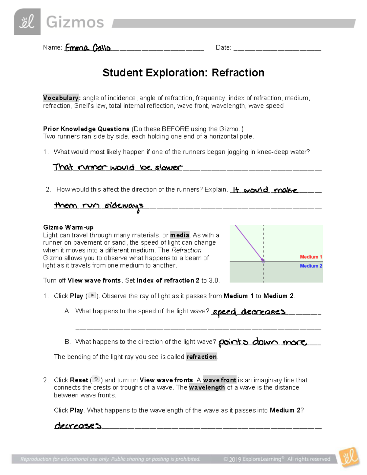 LAB040725 - Student Exploration: Refraction and Light Behavior - Studocu