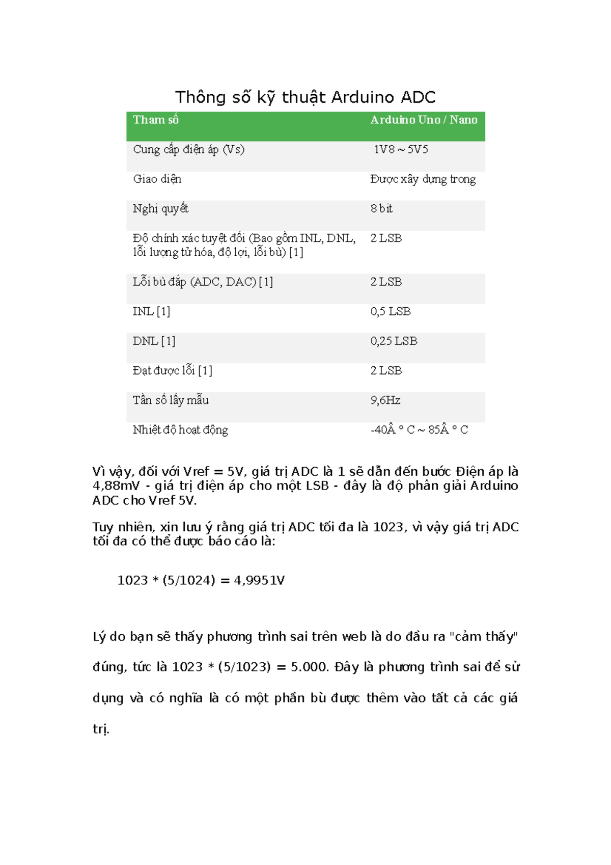 Thông số Kỹ Thuật ADC Trên Arduino Uno/Nano - Học AVR Bài 6 - Studocu