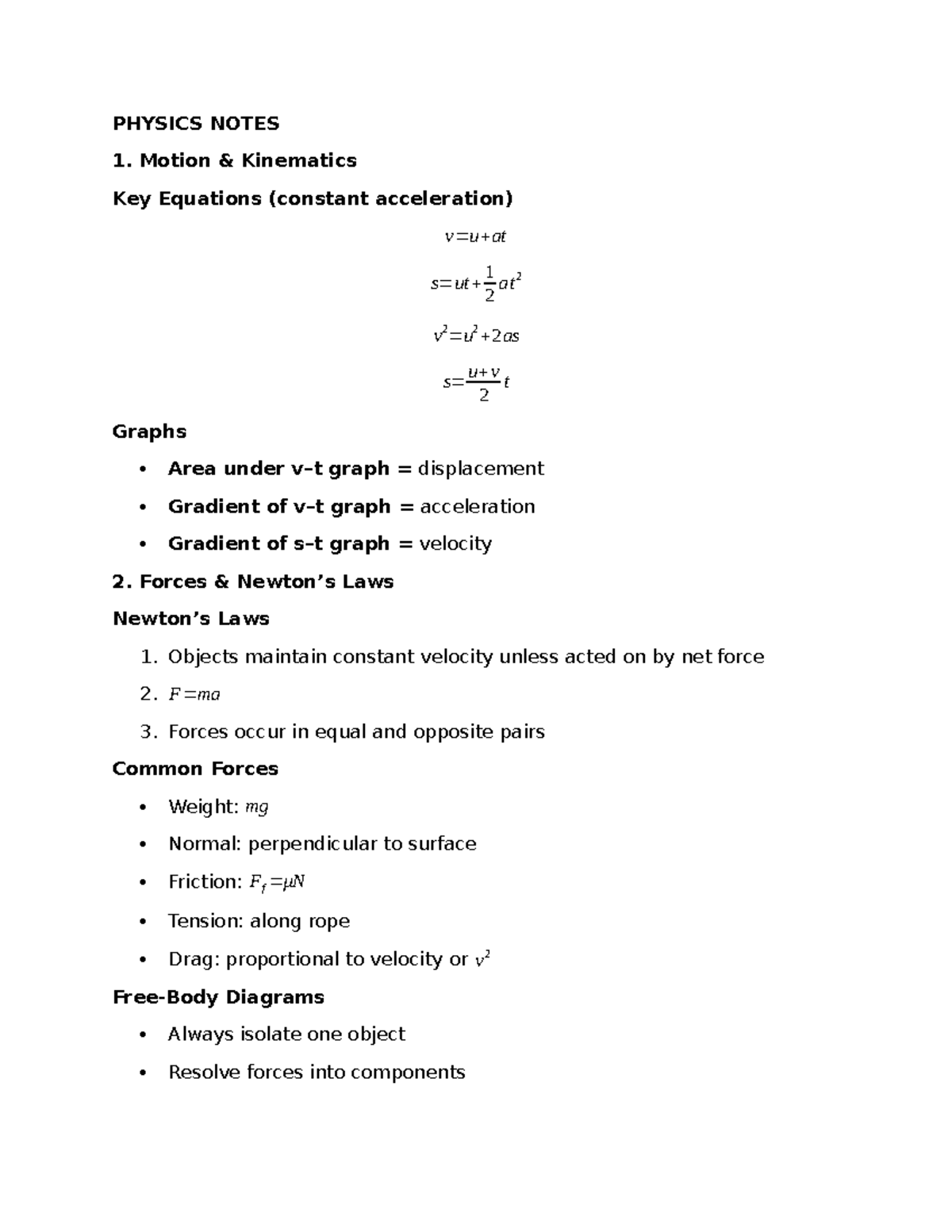 PHYS 101: Kinematics, Forces, Energy, Momentum & Waves Notes - Studocu