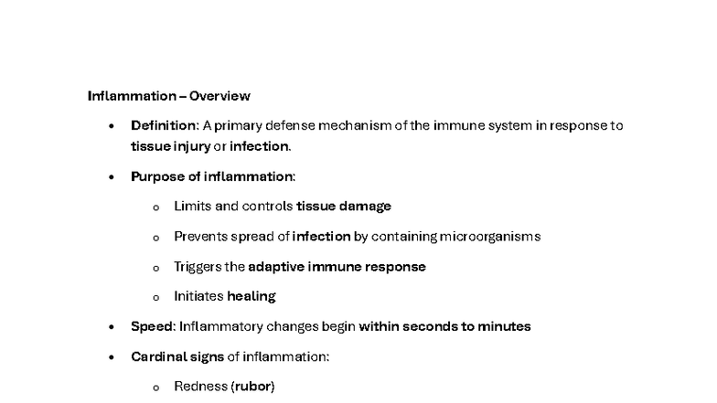 Inflammation Overview: Week 1 Notes on Immune Response - Studocu