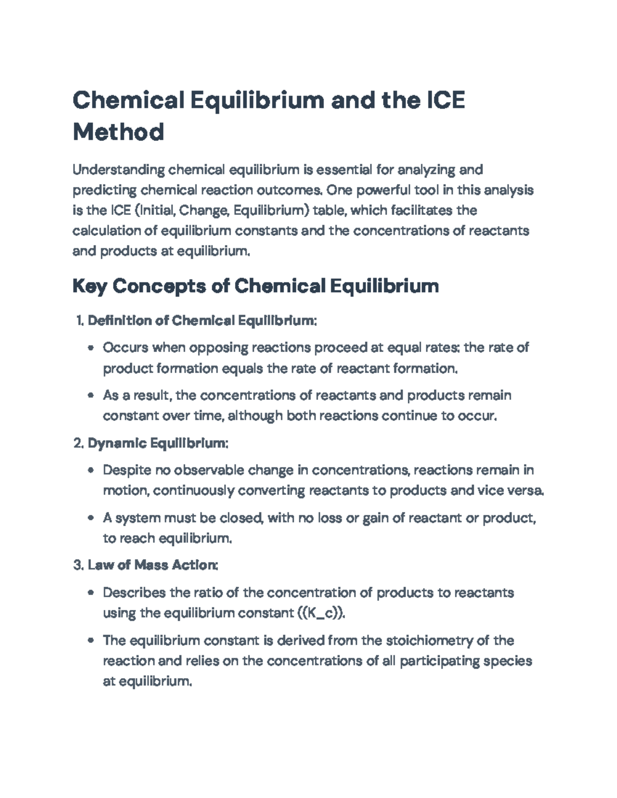 Chemical Equilibrium and the ICE Table Method (Course Code: CHEM101 ...