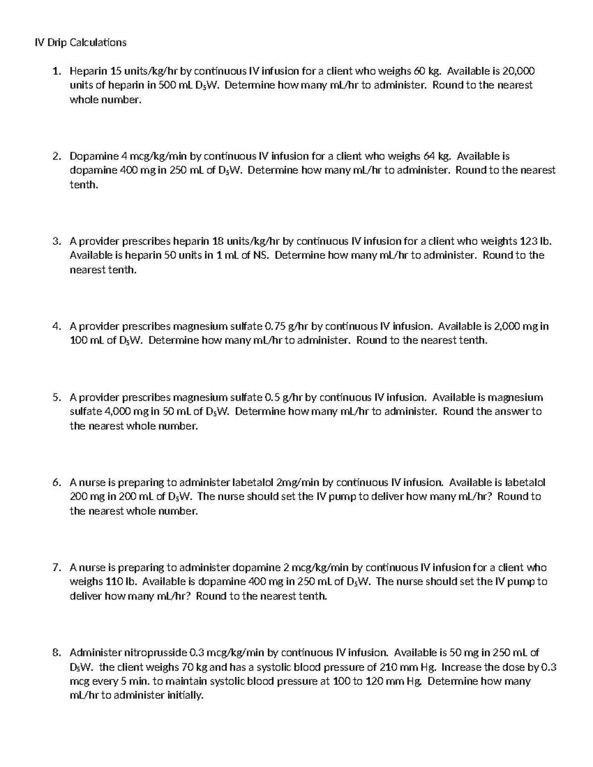 IV Drip Calculations - Practice questions - Heparin 15 units/kg/hr by ...