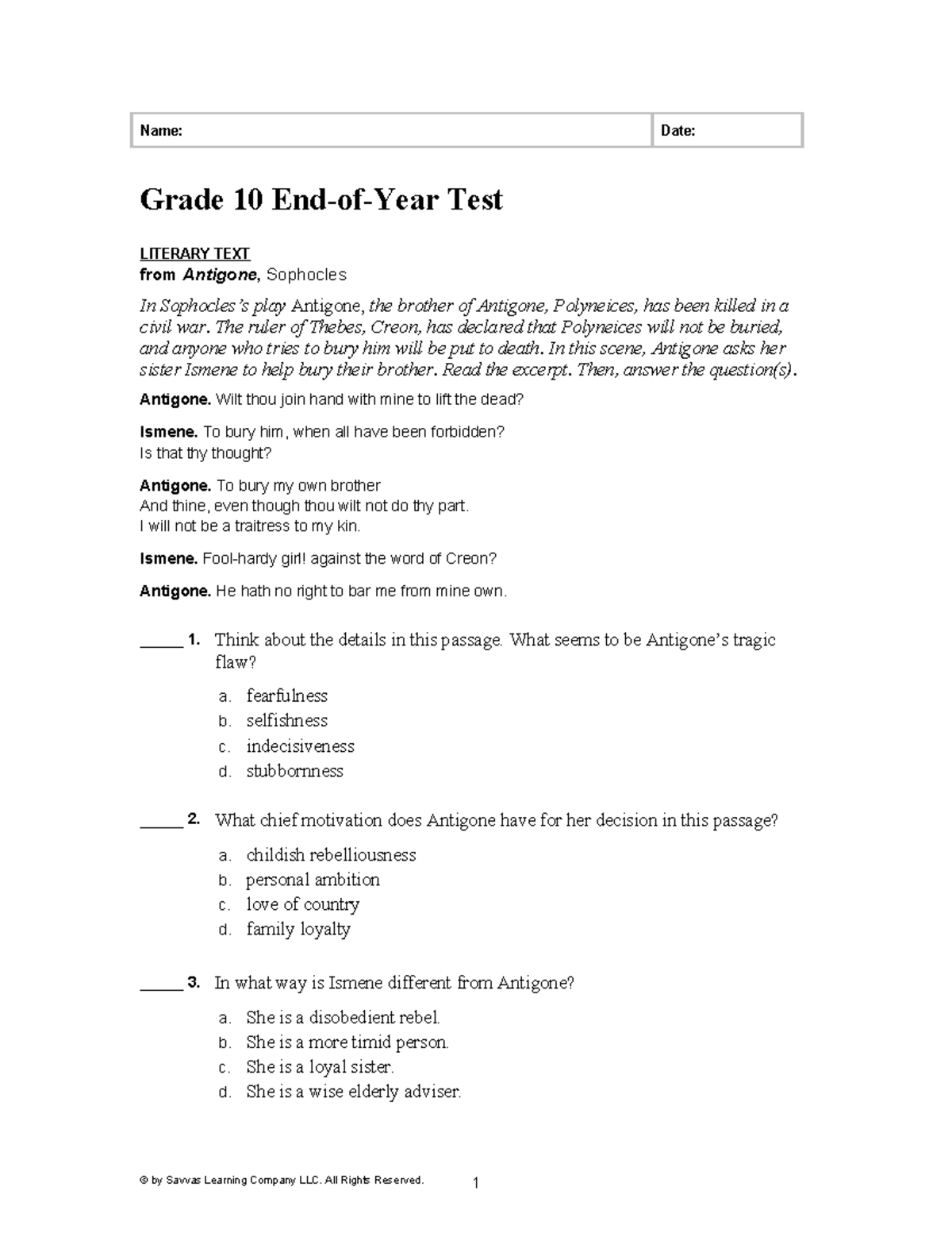 Final Exam - Grade 10 Literary Text Analysis from Antigone and ...