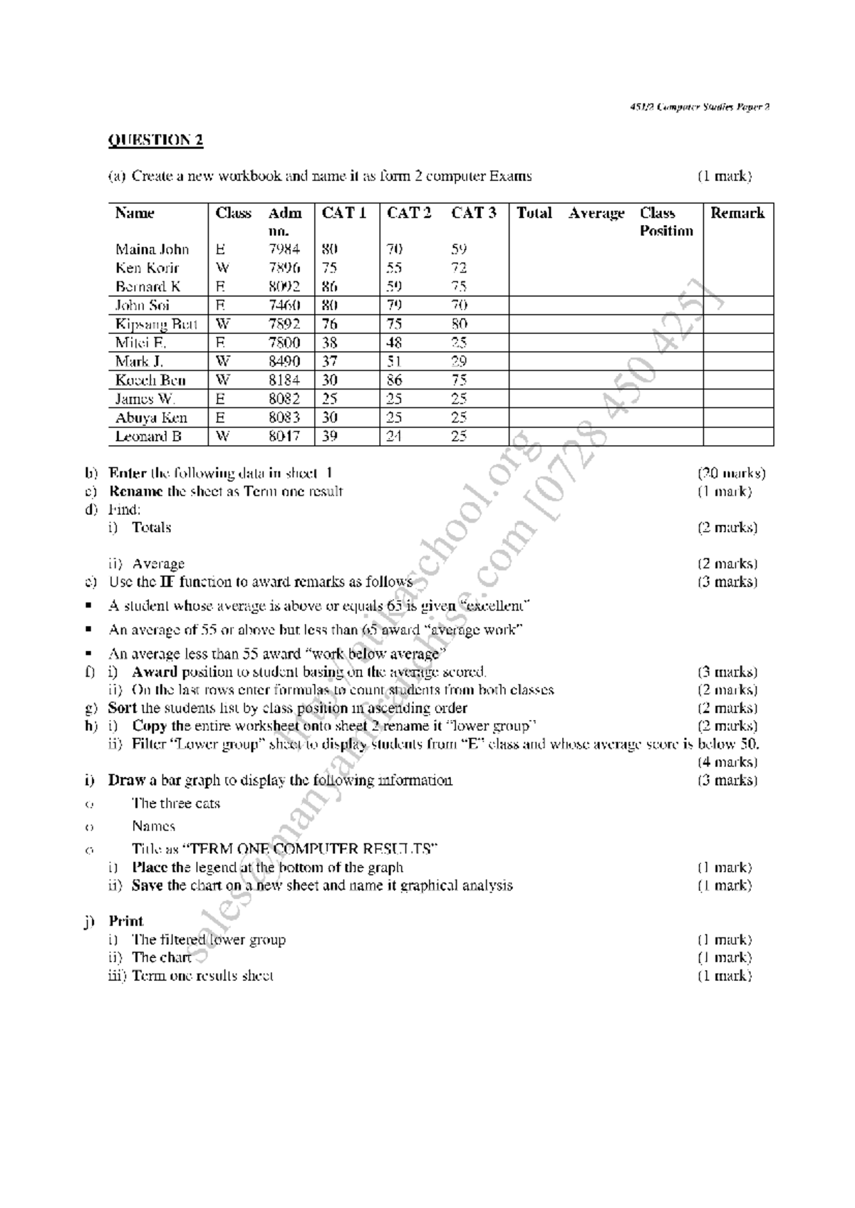 Computer Studies Paper 2: Spreadsheets Practical Questions - Studocu