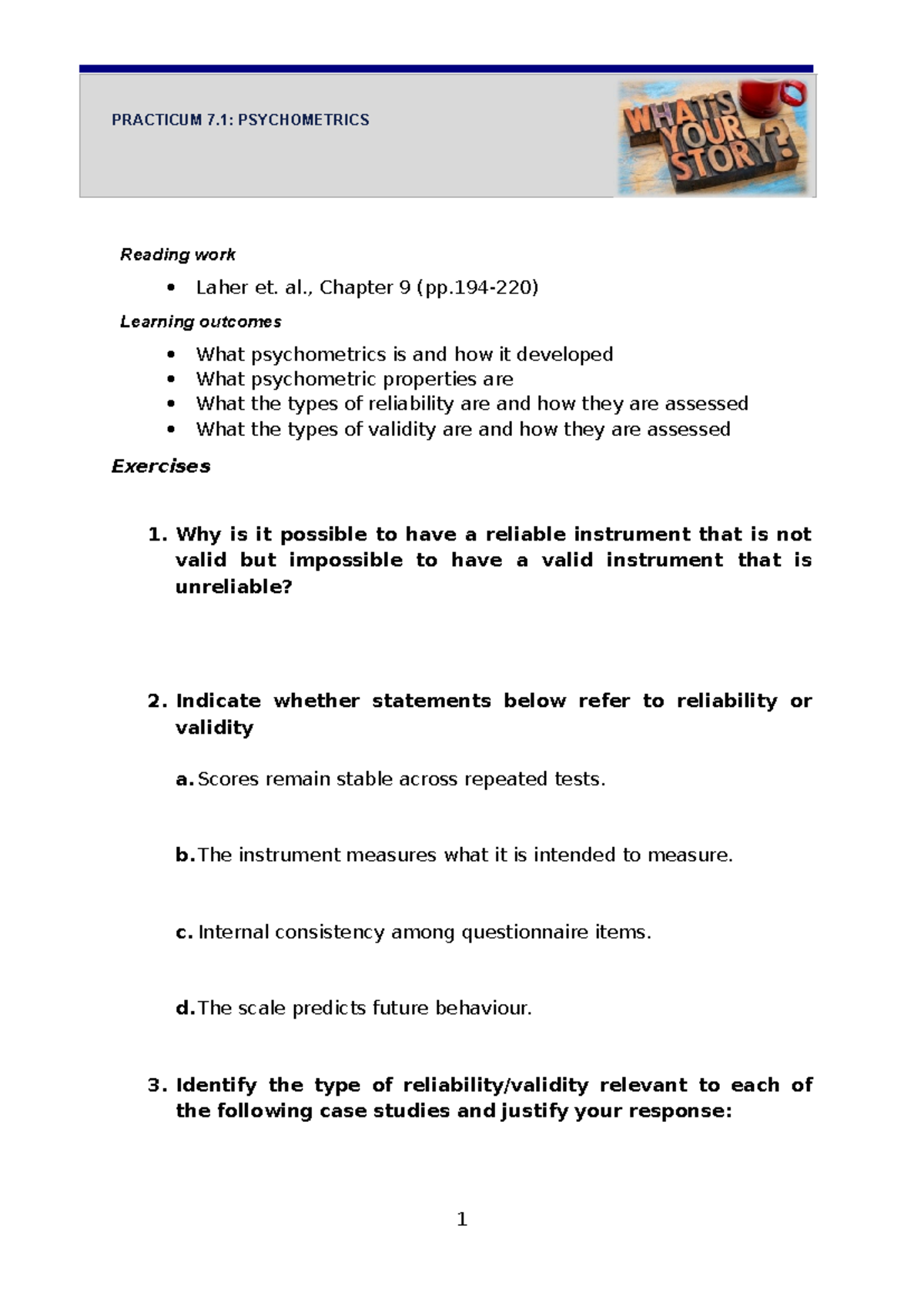PRACTICUM 7: PSYCHOMETRICS Notes on Reliability & Validity - Studocu
