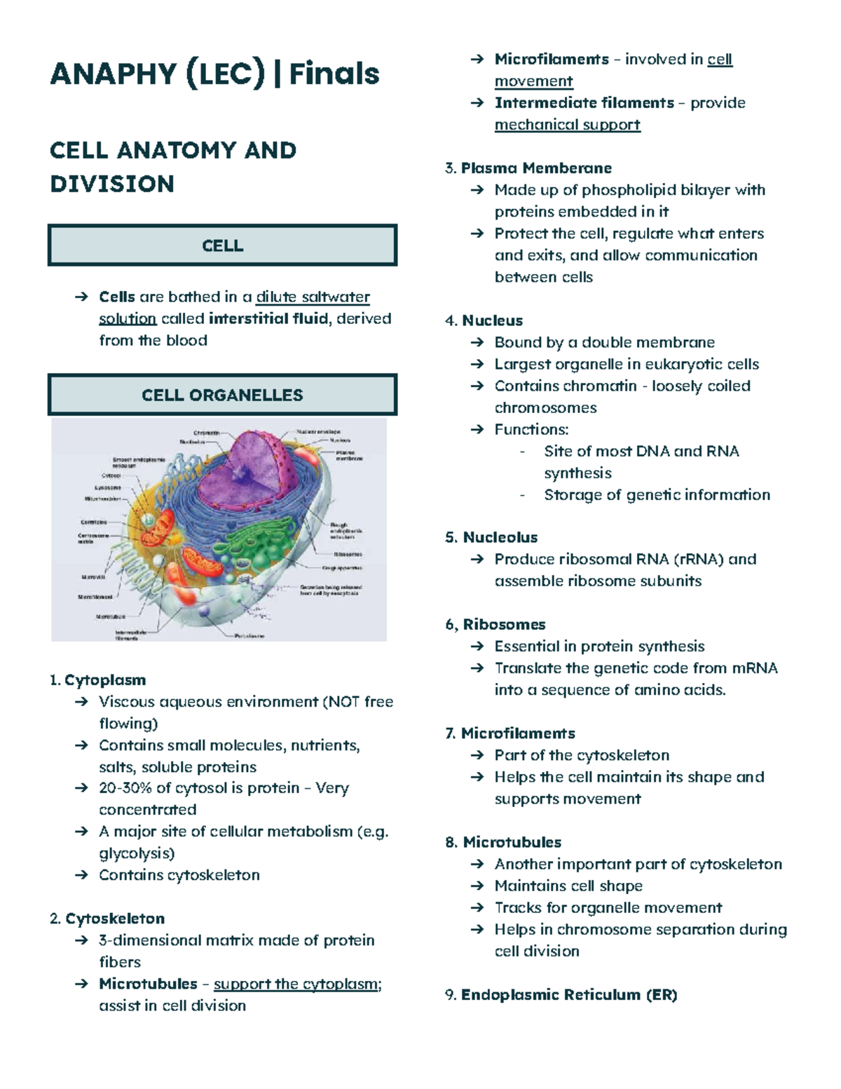 ANAPHY (LEC) Finals Review: Cell Anatomy & Division Insights - Studocu