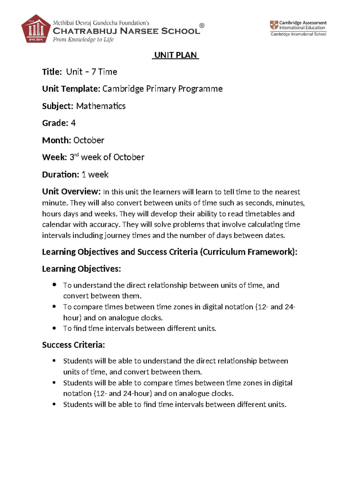 Unit 7 Plan: Time Management in Math for Grade 4 - Cambridge Primary ...