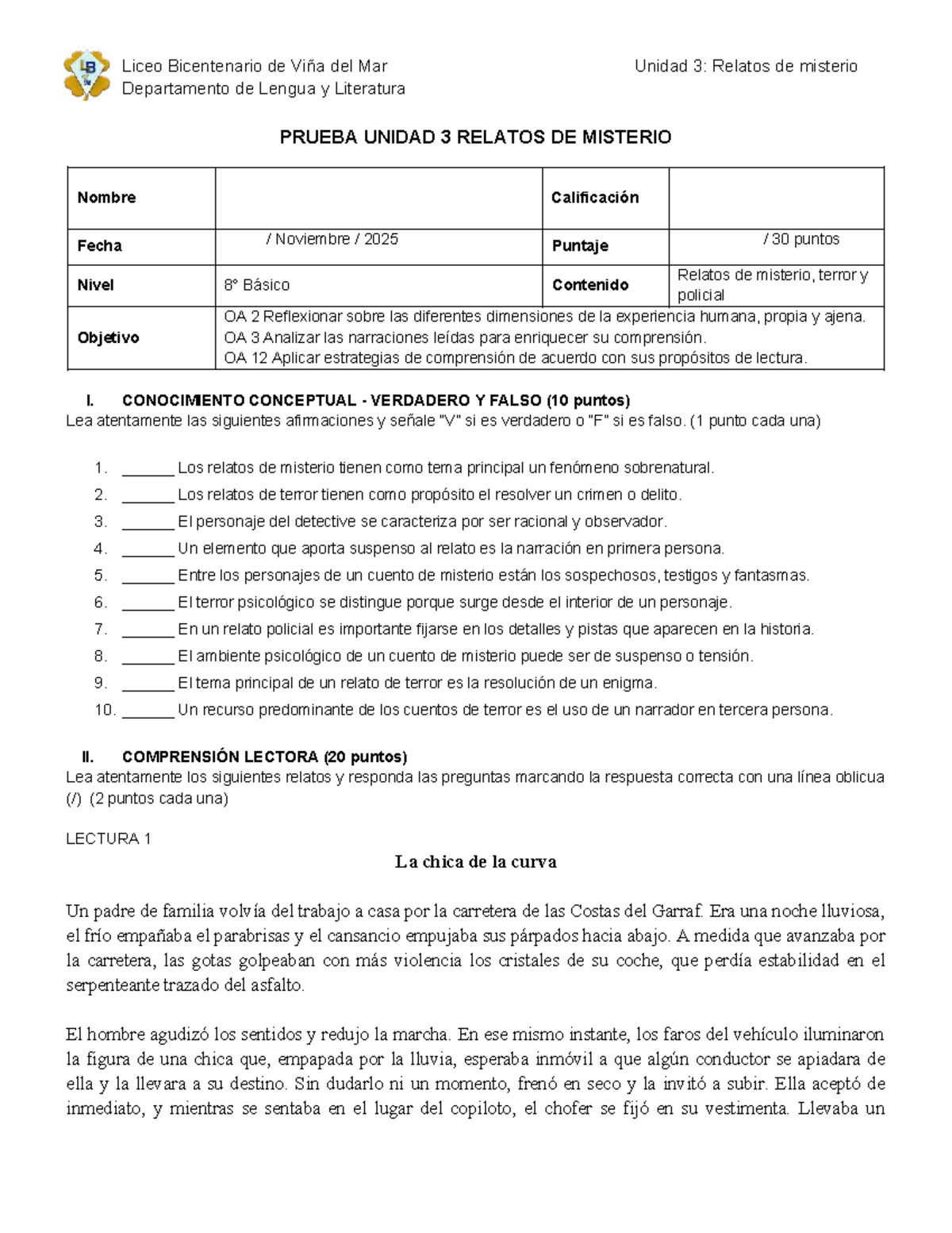 Prueba 8°: Relatos de Misterio - Unidad 3 Evaluación - Studocu