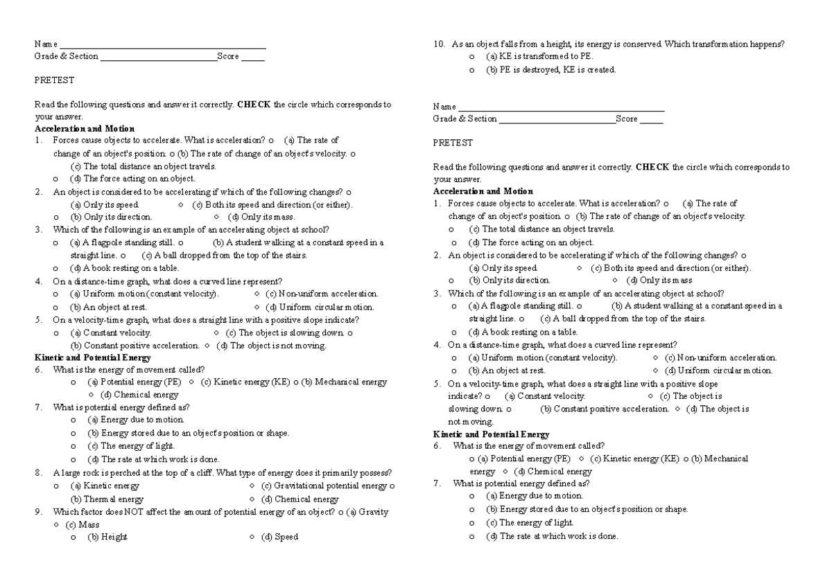 Physics 101: Pretest on Acceleration, Energy, and Light - Studocu