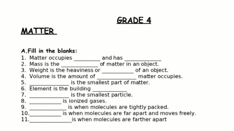 GRADE 4 MATTER: Fill in the Blanks Worksheet - Studocu