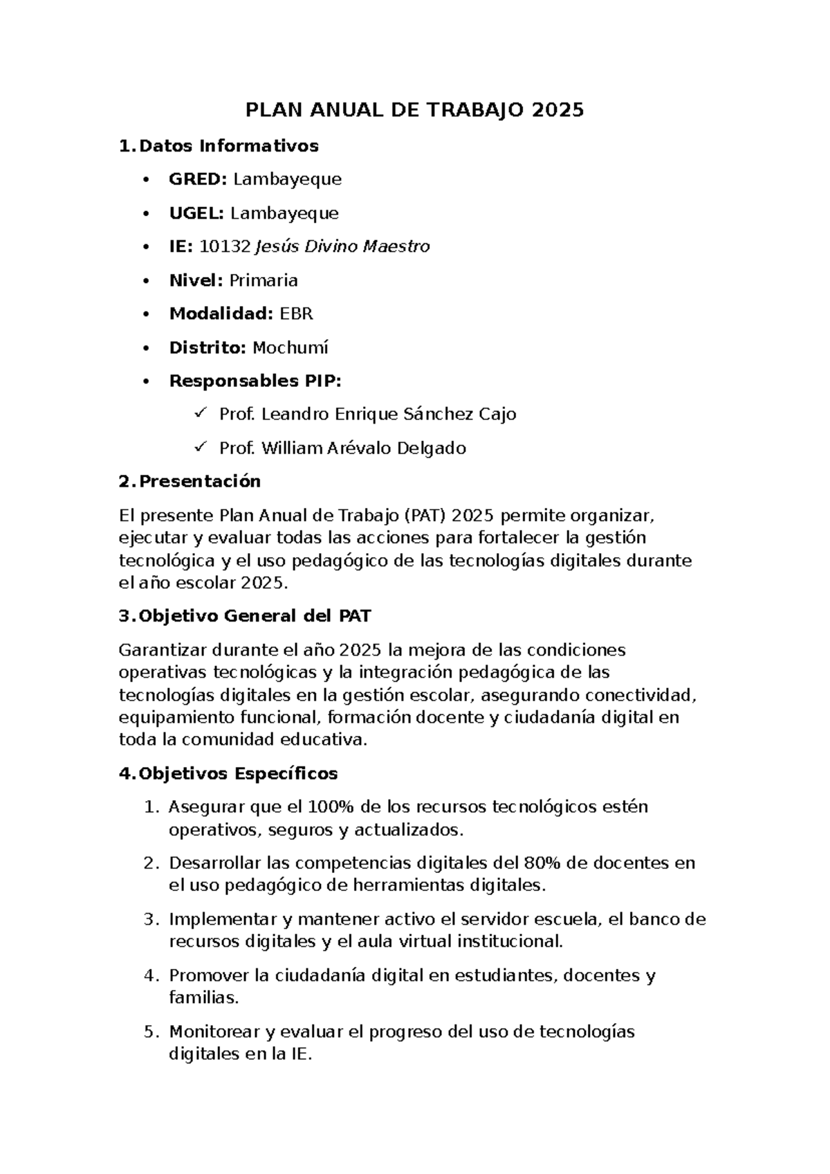 PLAN Anual de Trabajo 2025 - Integración Tecnológica y Ciudadanía ...