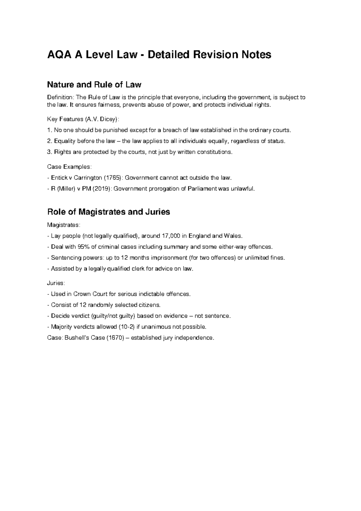 AQA A Level Law Revision Notes: Nature & Rule of Law - Studocu