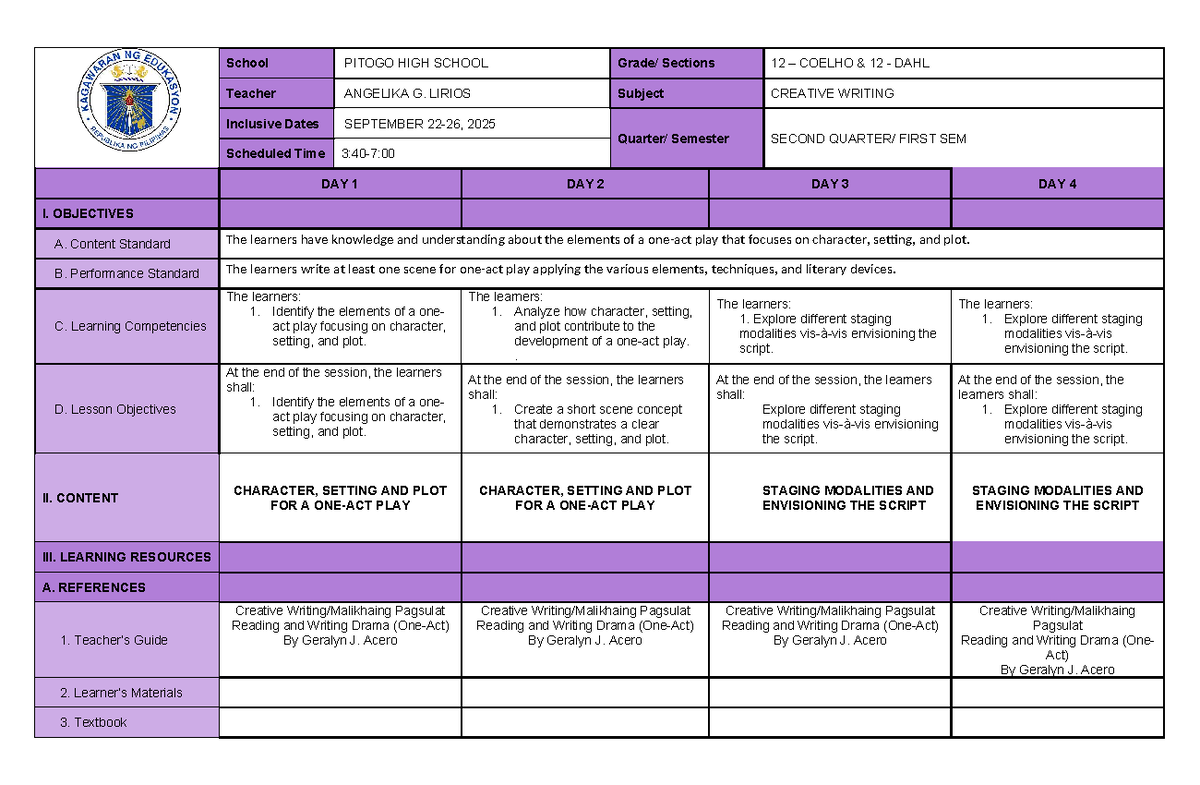 Week 4 Creative Writing Lesson Plan: Elements of a Play (CW 12) - Studocu