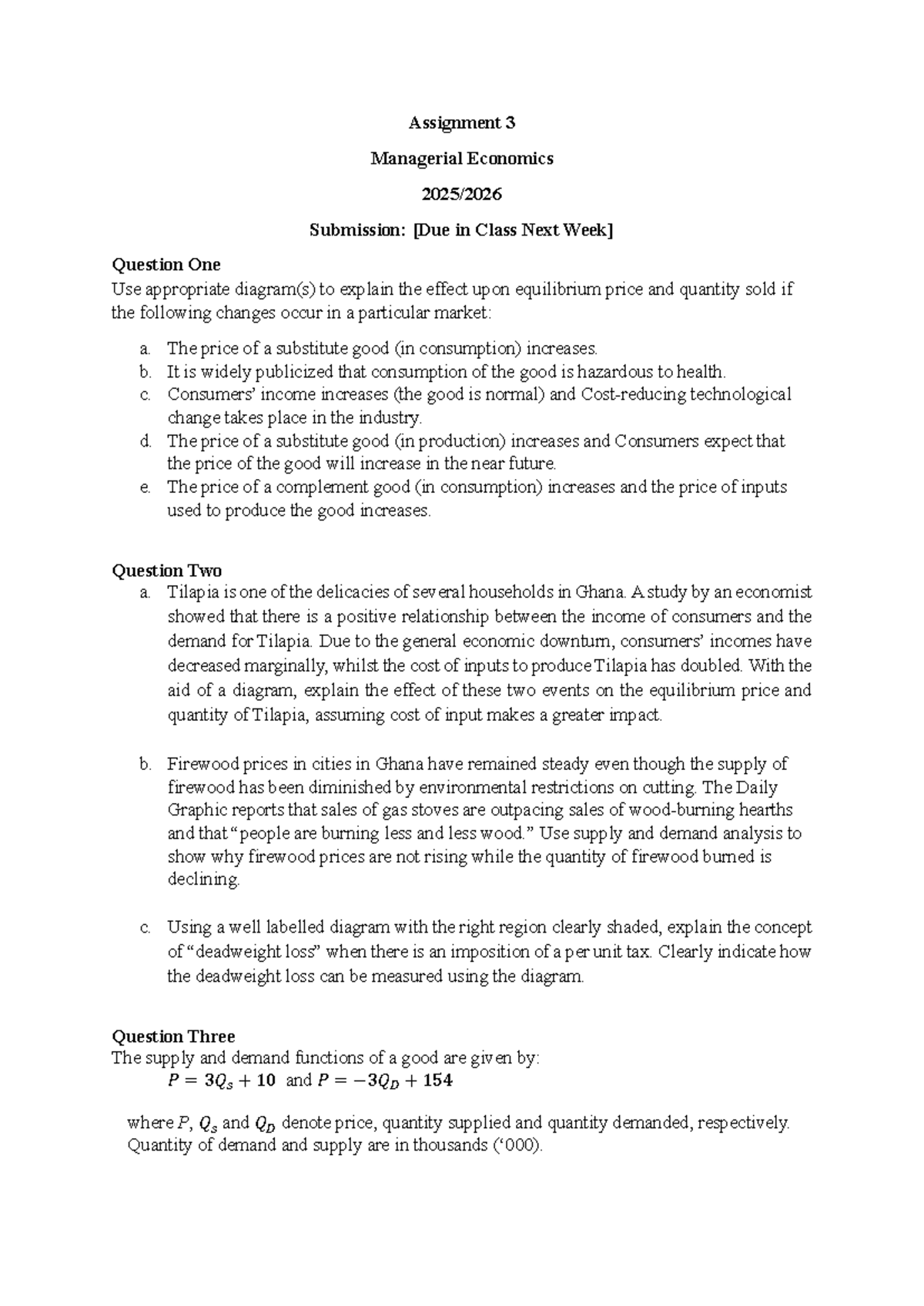 Managerial Economics Assignment 3: Market Equilibrium Analysis - Studocu