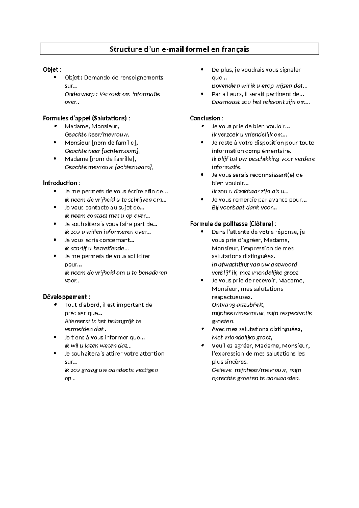 Structure d'un e-mail formel en français - Cours de langue - Studeersnel