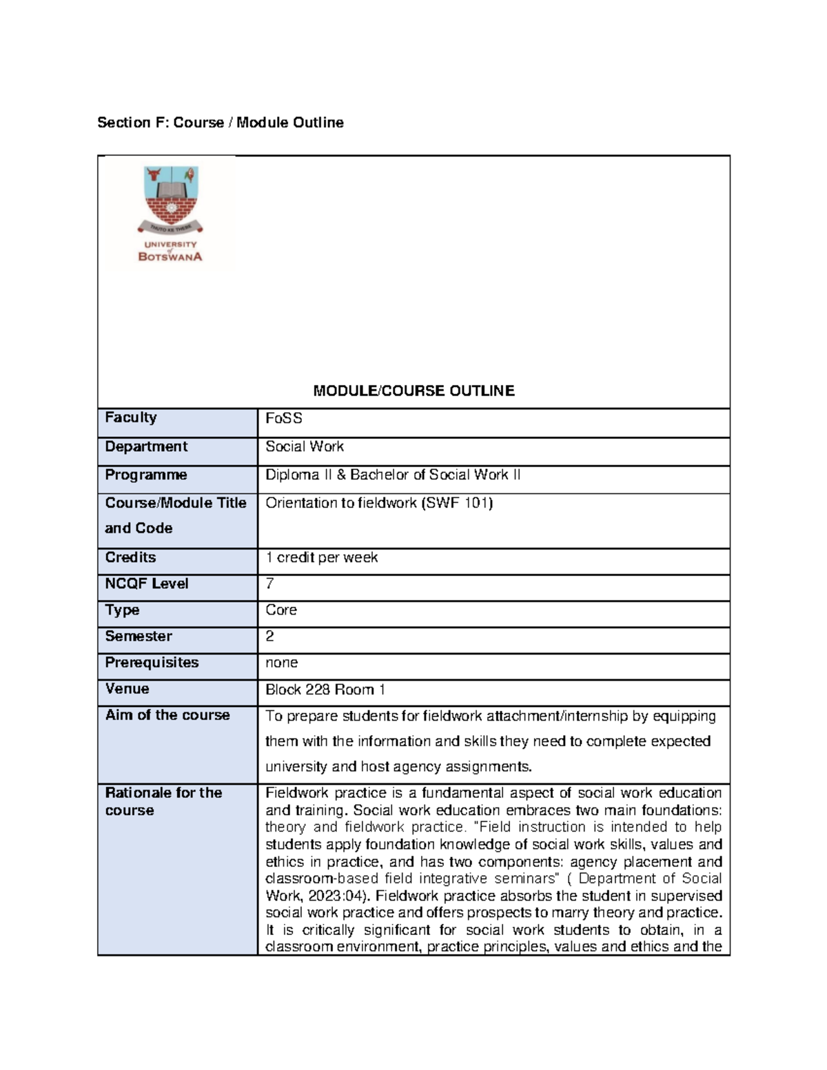SWF 101 Orientation to Fieldwork Course Outline - FEB 2024 Update - Studocu