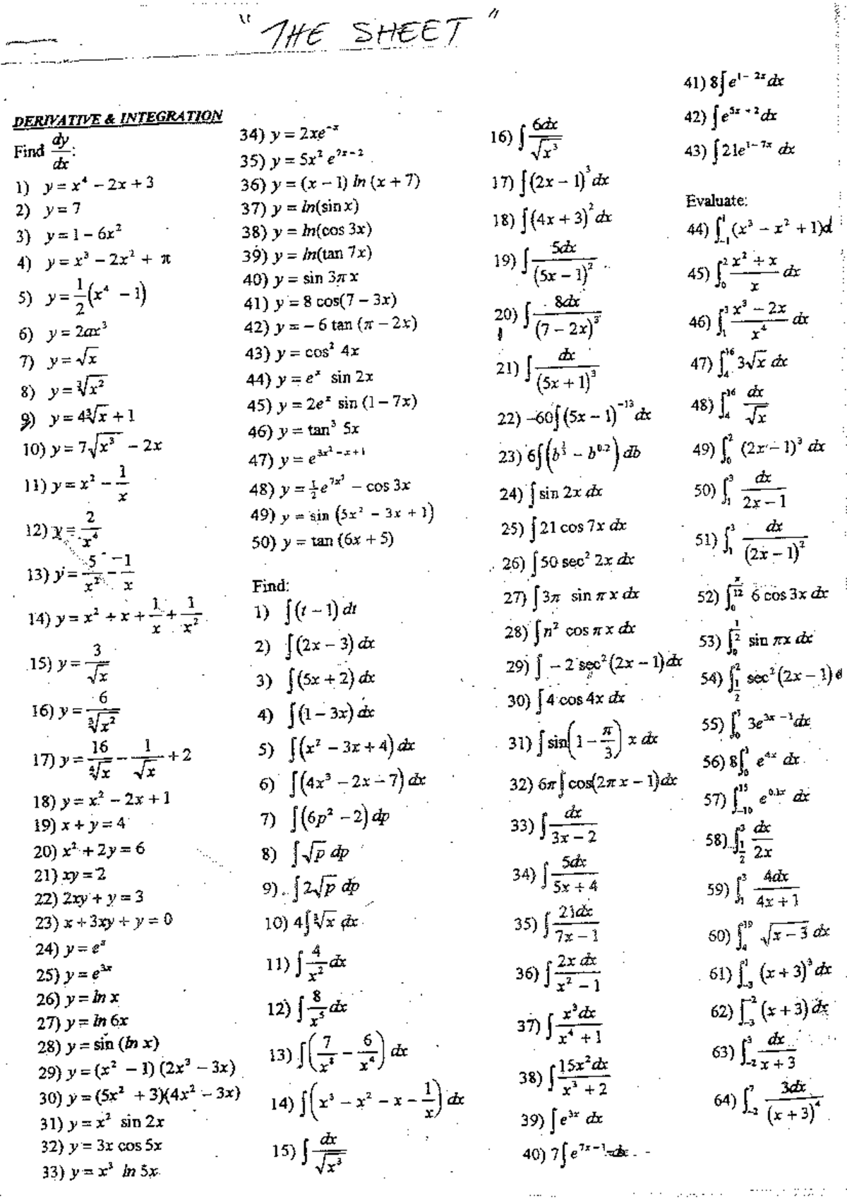 Derivative & Integration Practice Problems - Math 101 - Studocu