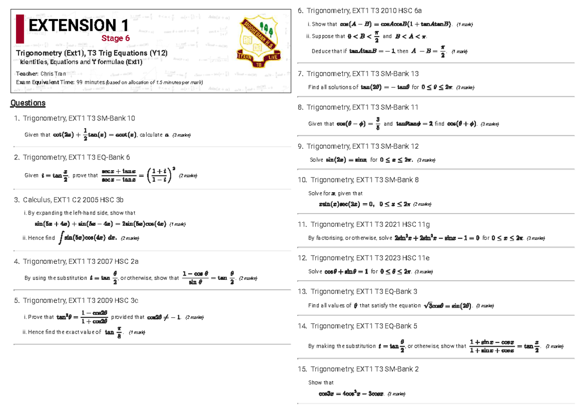Trigonometry EXT1 T3 2025 Exam Solutions and Equations - Studocu
