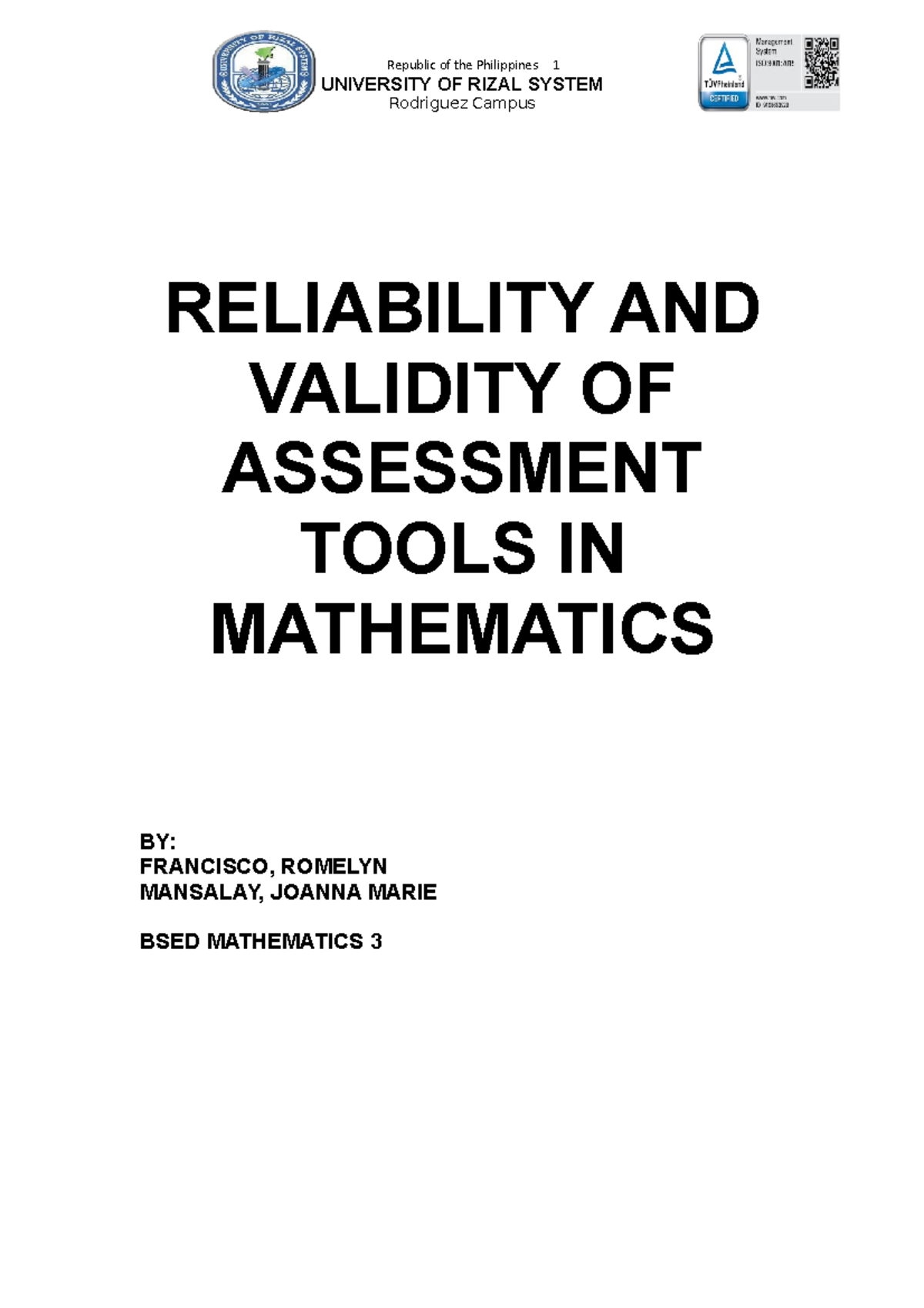 Reliability and validity of assessment tools in math. docx - UNIVERSITY OF RIZAL SYSTEM ...