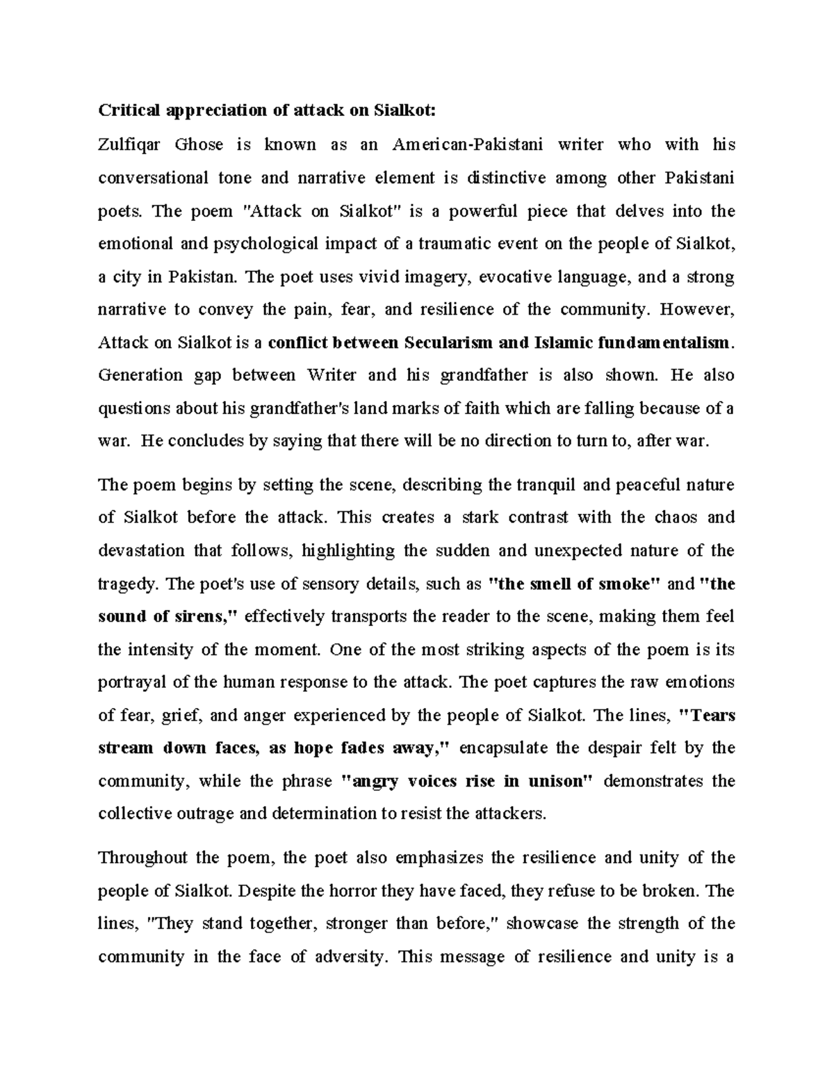 Critical Appreciation of Ghose's "Attack on Sialkot" Poem - Studocu
