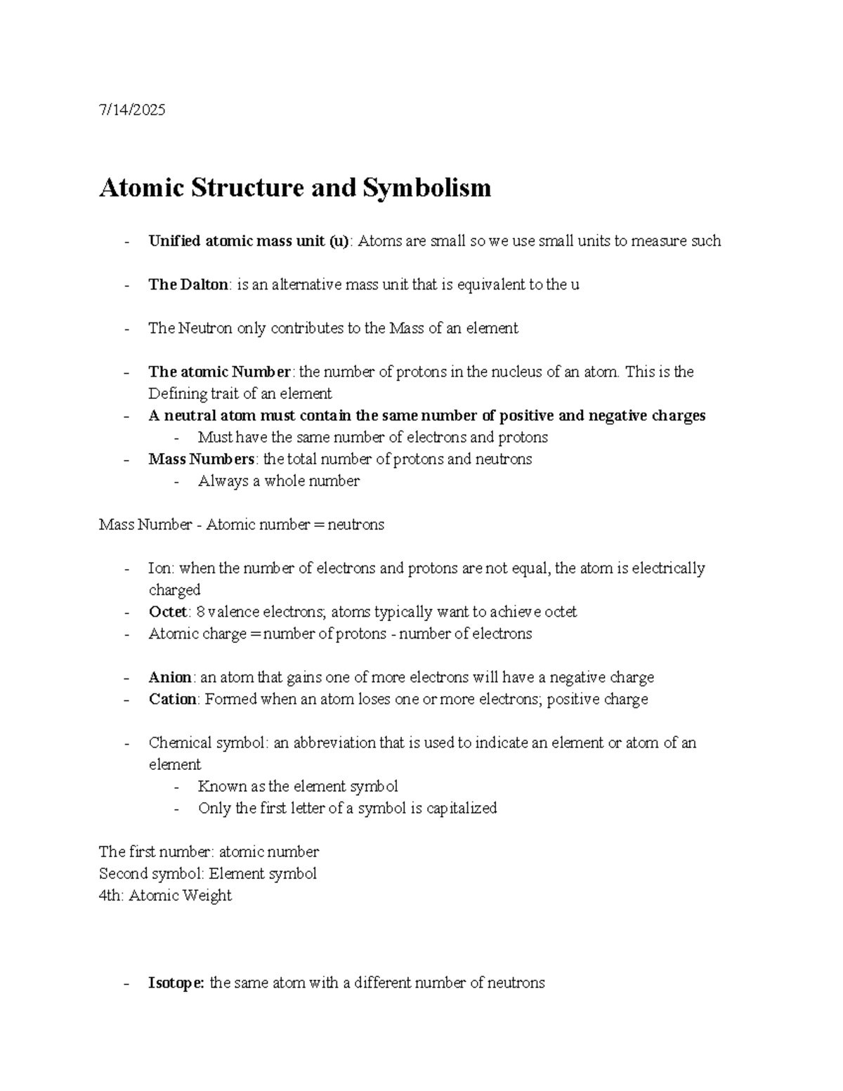 Atomic Structure And Symbolism Notes - Chem 101 Final Exam - Studocu