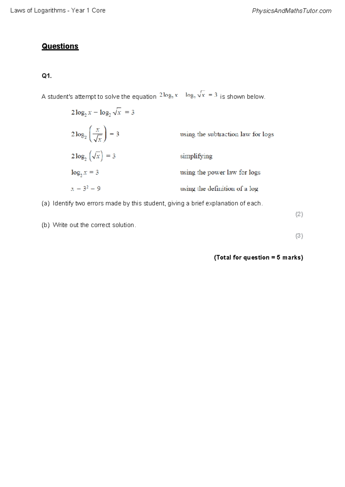 Laws of Logarithms: Solutions to Key Questions - Maths 101 - Studocu