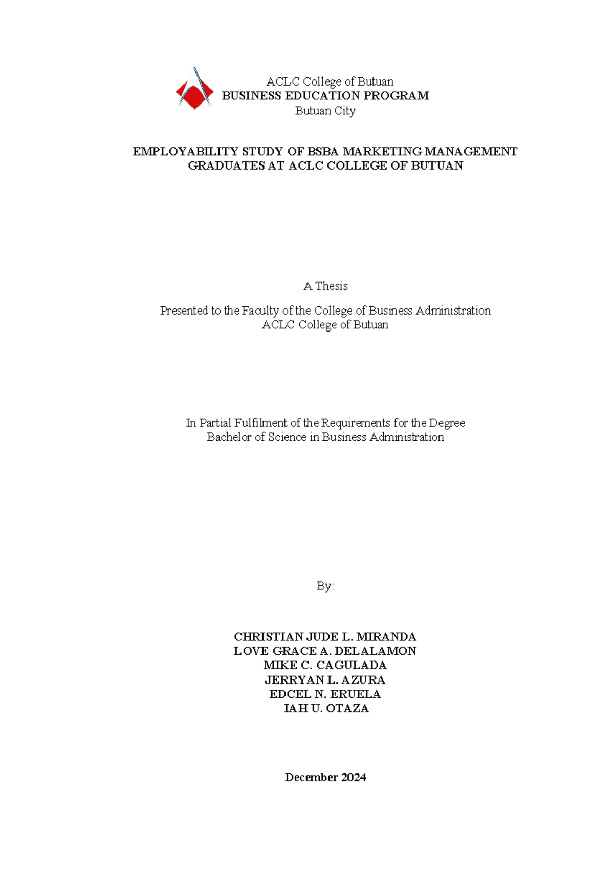 Employability Study of BSBA Marketing Management Graduates at ACLC ...