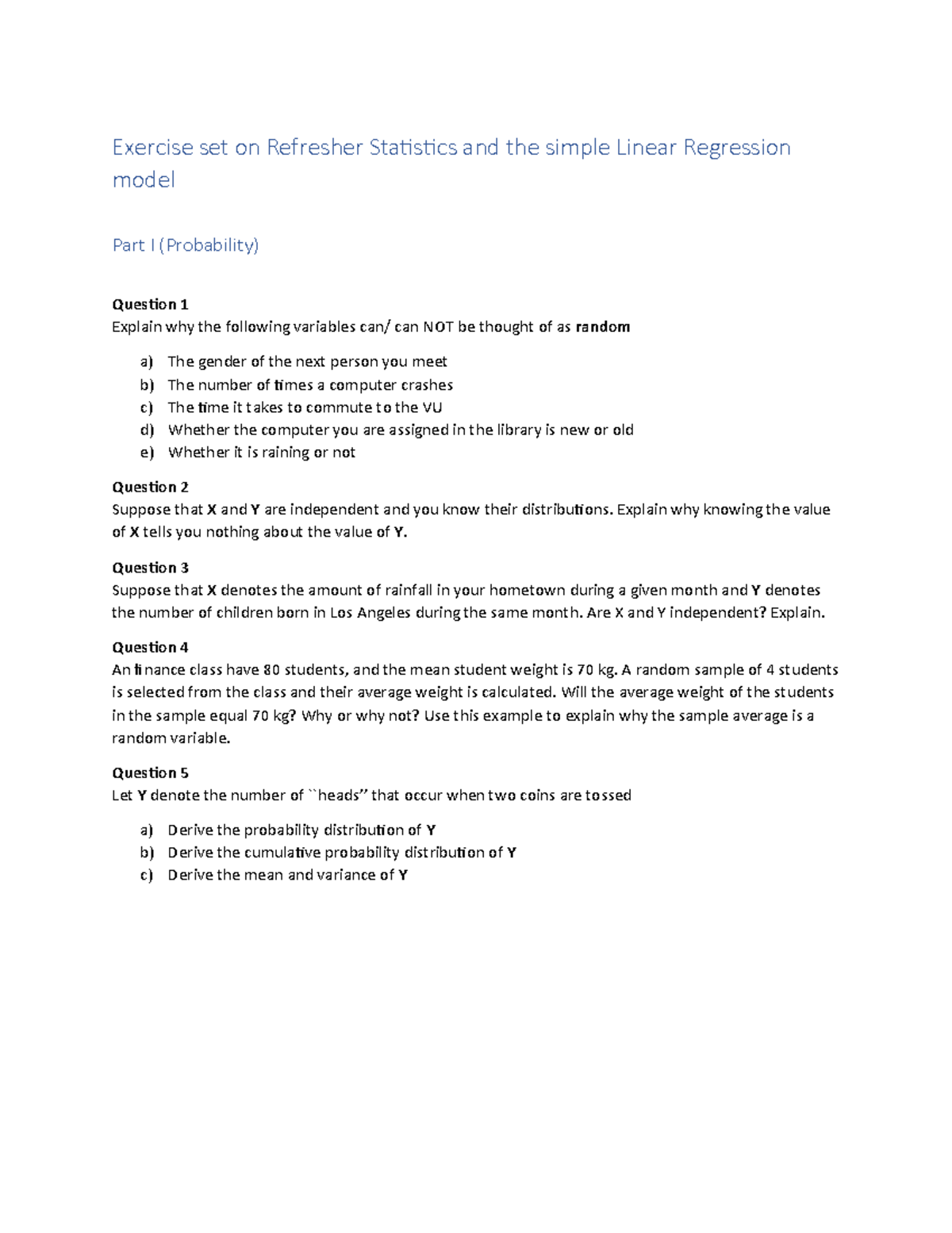 Exercise Set on Refresher Statistics & Simple Linear Regression (STAT ...