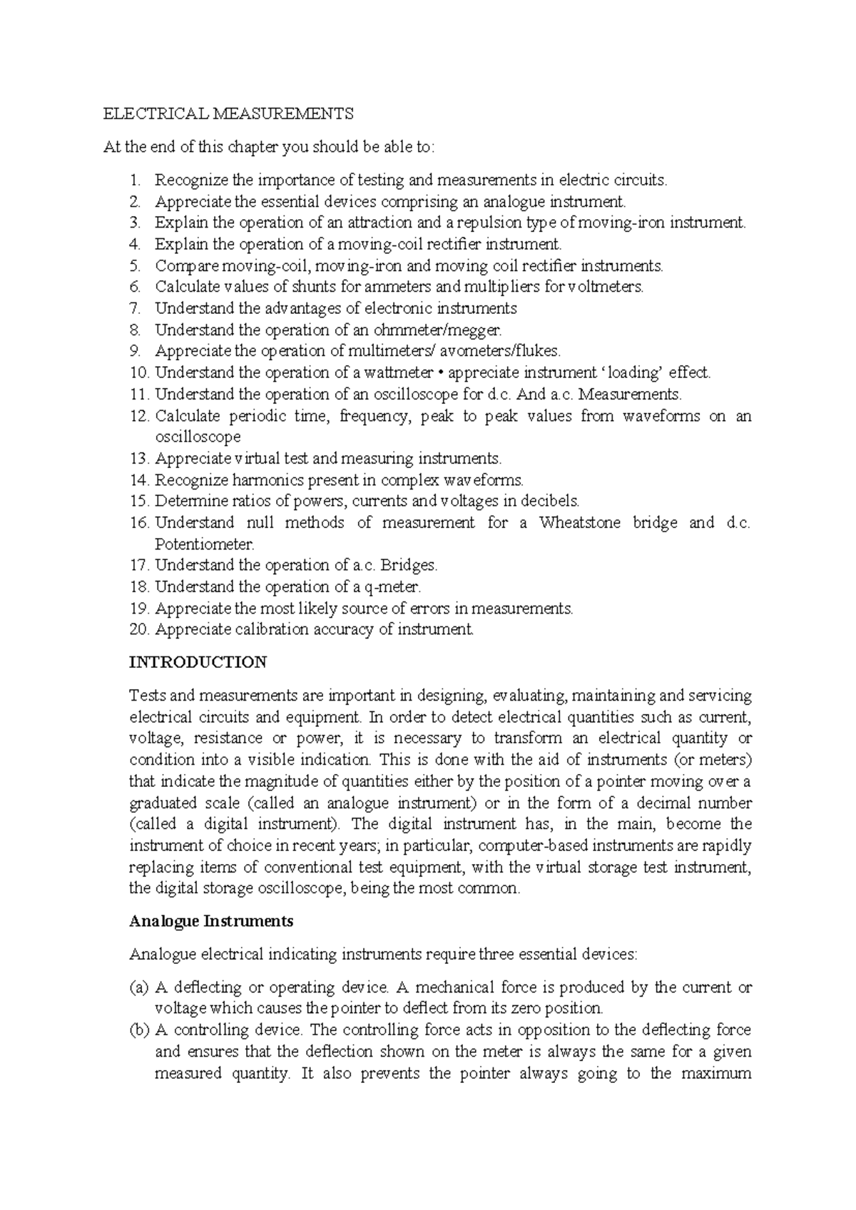 ELECTRICAL MEASUREMENTS: Key Concepts and Instrumentation Notes - Studocu