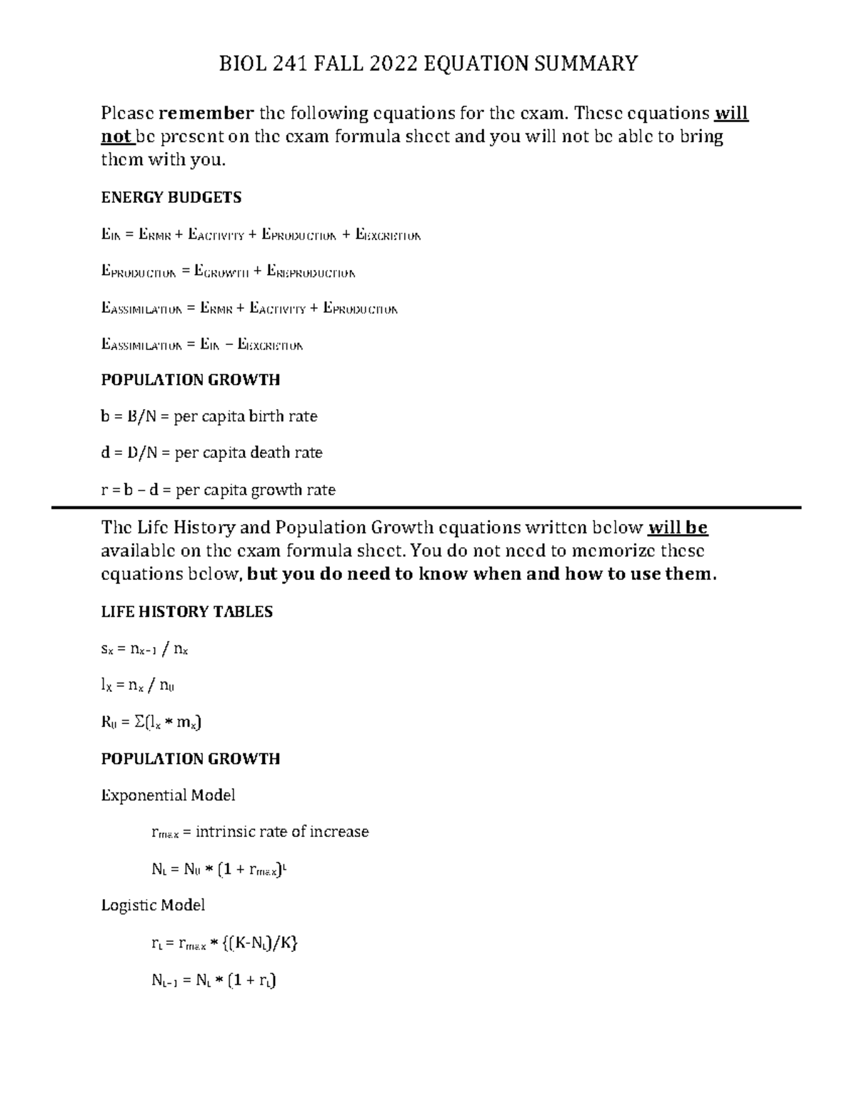 BIOL 241 FALL 2022 EXAM EQUATION SUMMARY - Studocu