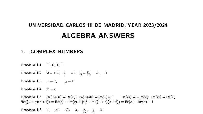 Solutions to Complex Numbers - Linear Algebra (2023/2024) - Studocu