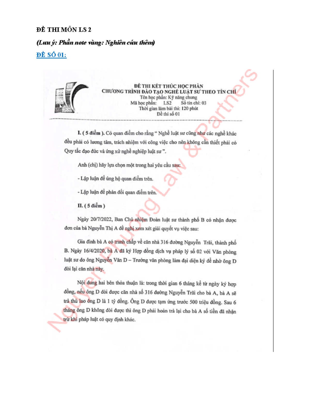 Đề Ôn Thi LS2: Đề Số 01, Đáp Án Tham Khảo và Tình Huống Luật Sư - Studocu