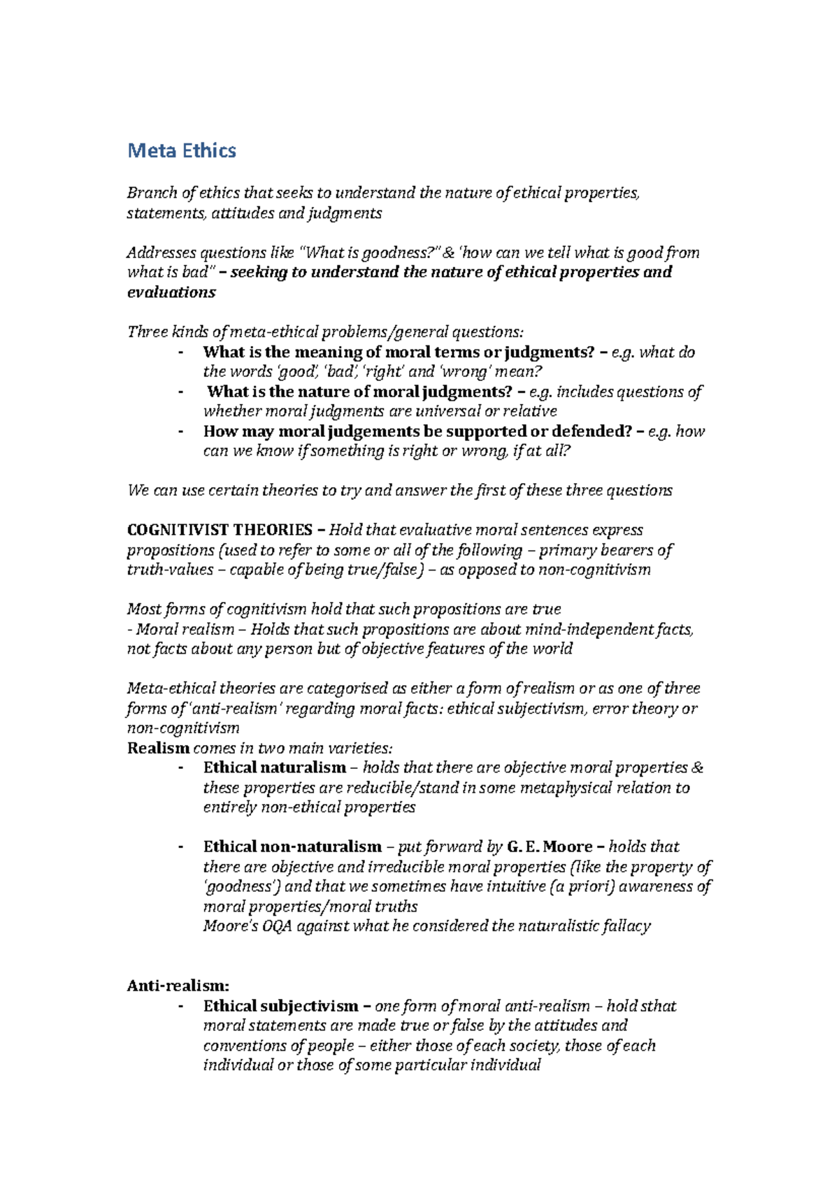 Meta Ethics - Lecture notes 4 - Meta Ethics Branch of ethics that seeks ...