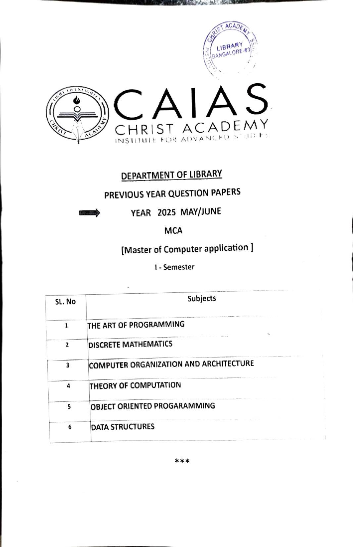 1 Sem MCA 2025 - Previous Year Question Papers & Exam Notes - Studocu