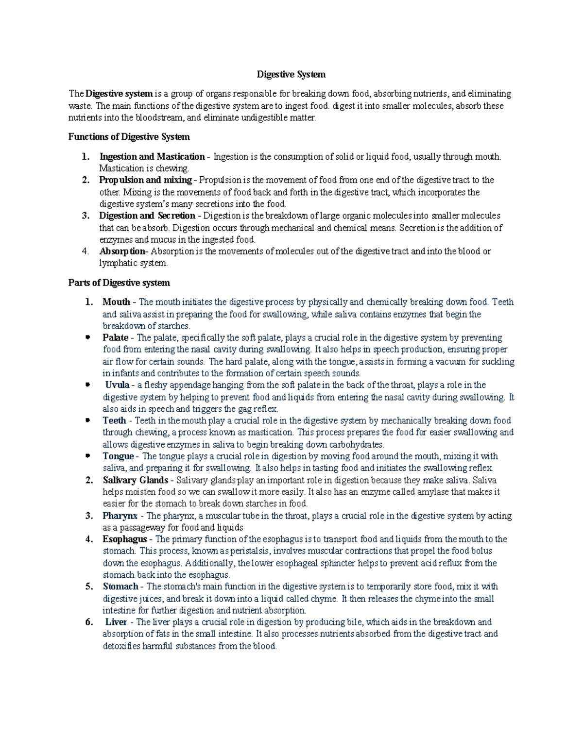 Digestive System Lecture Notes (BIO 101) - Studocu