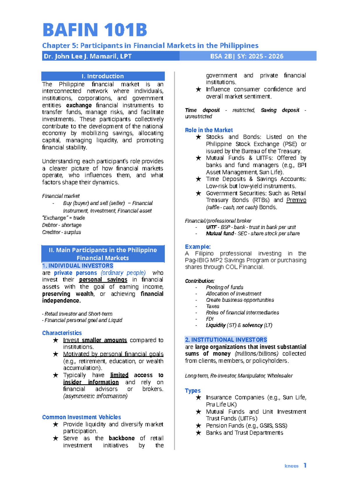 BAFIN 101B Chapter 5: Key Participants in PH Financial Markets - Studocu