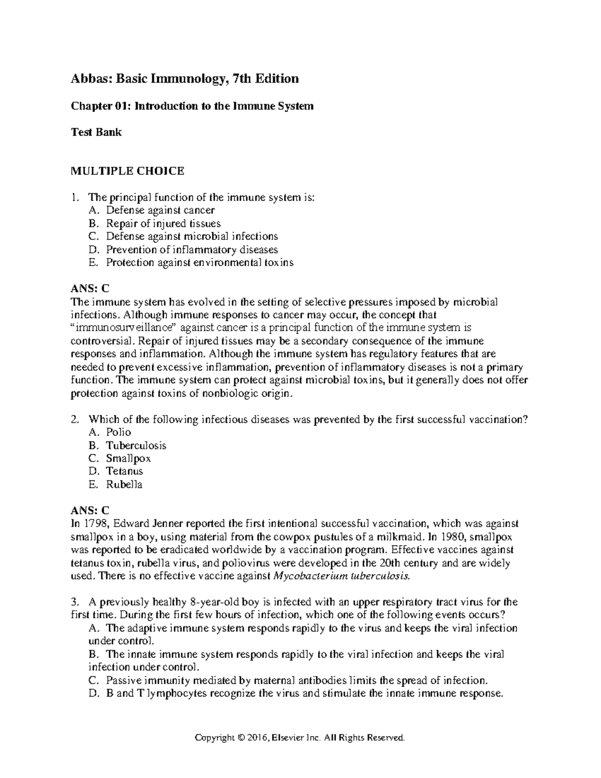 Abbas: Basic Immunology, 7th Ed. Chapter 01 Test Bank Questions - Studocu