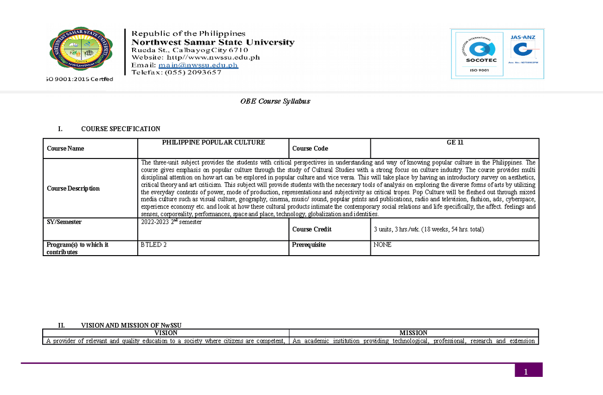 Syllabus for GE 11: Philippine Popular Culture (2nd Sem 2022-2023 ...