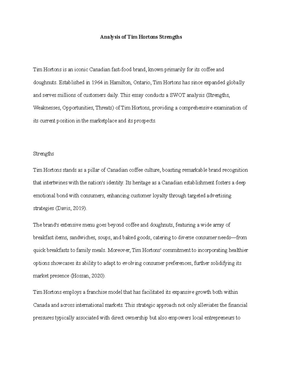 SWOT Analysis of Tim Hortons: Strengths and Market Position - Studocu