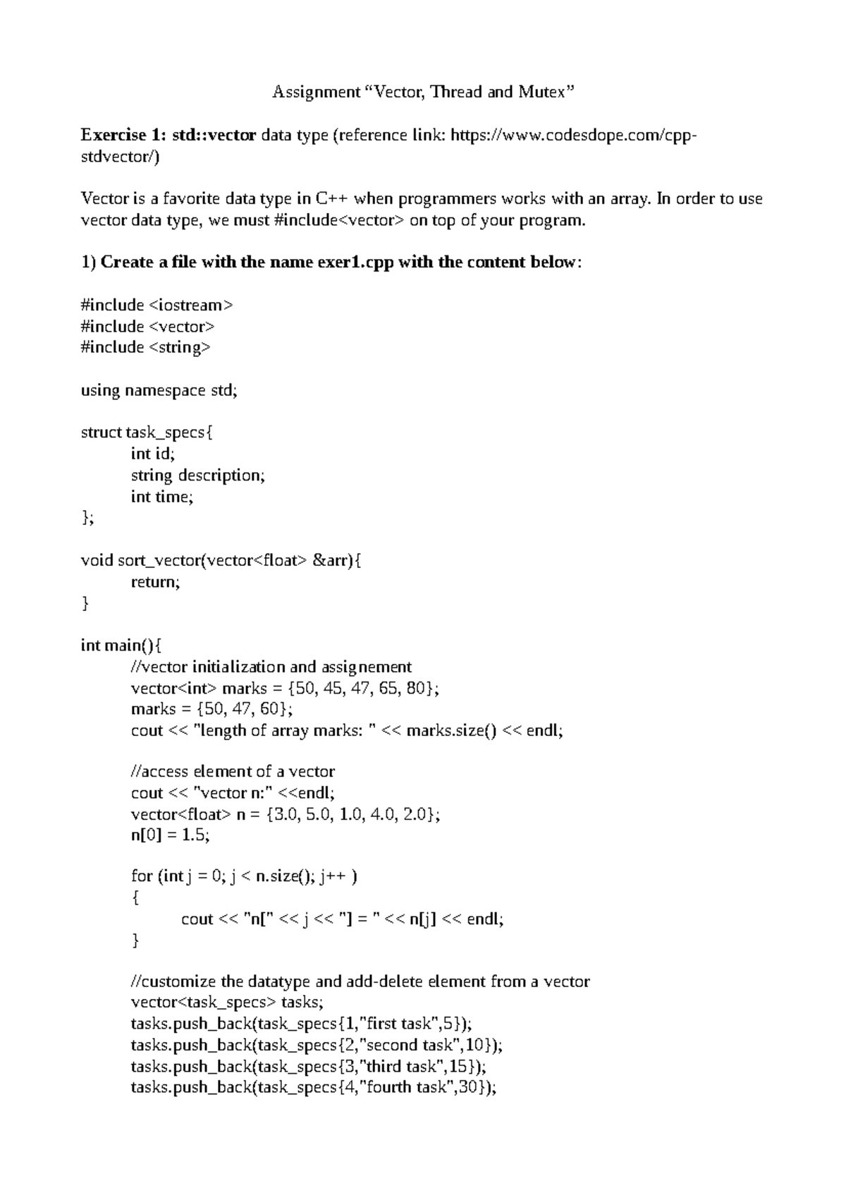 TP1 - C++ - Assignment “Vector, Thread and Mutex” Exercise 1: std::vector data type (reference ...