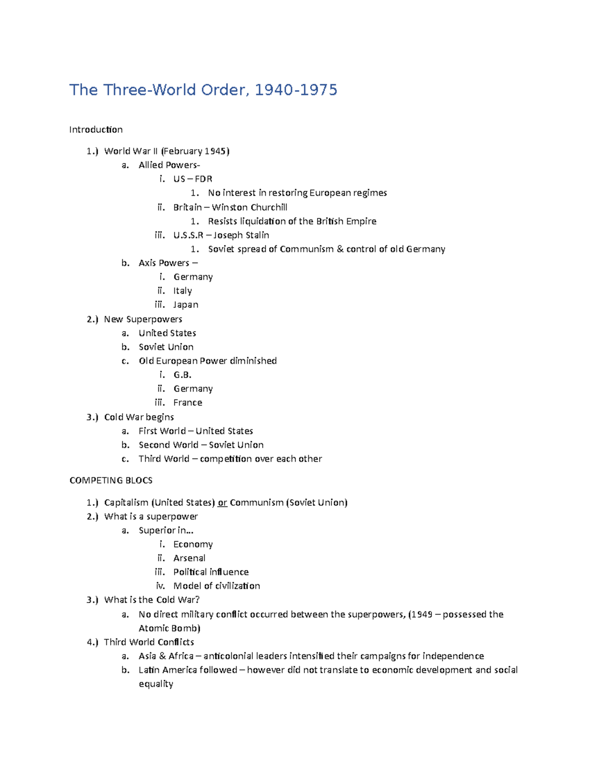 HIST 201: Final Exam Notes on WWII and the Cold War - Studocu