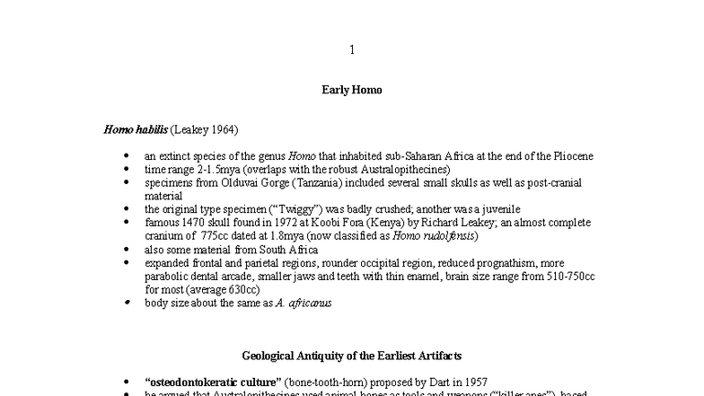 Early Homo (HOMO 101) - Revised Lecture Notes on Habilis - Studocu
