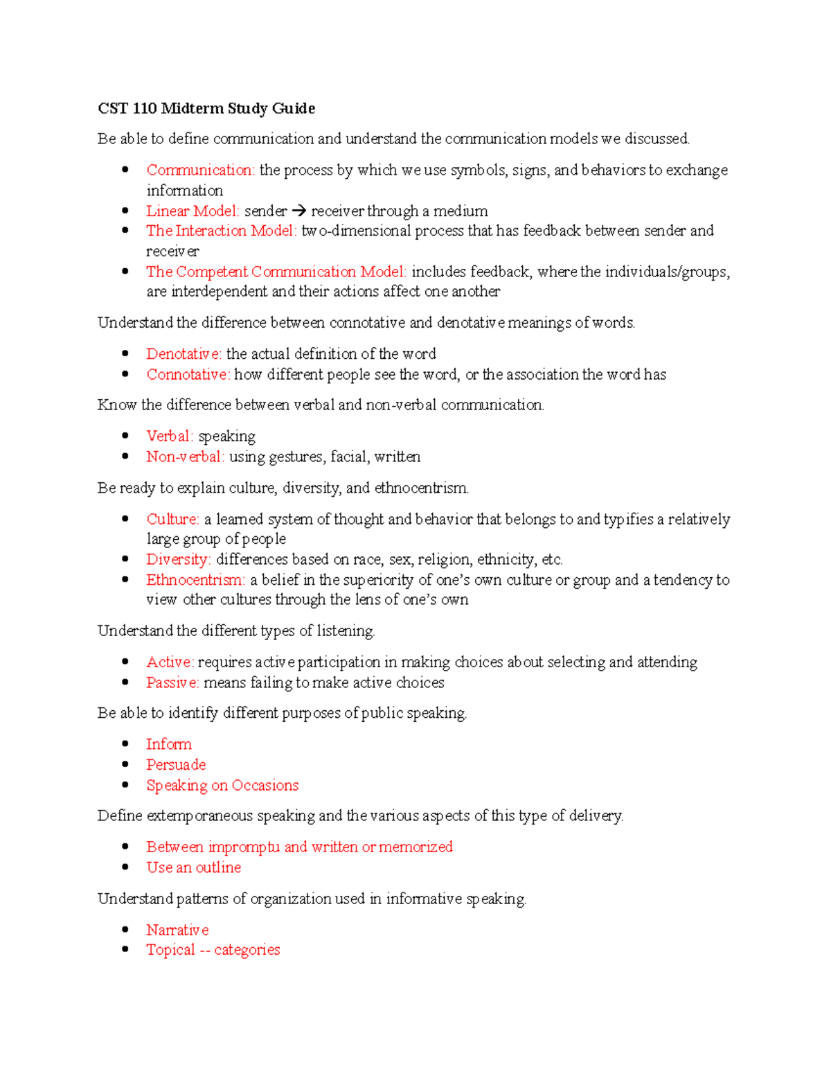 CST 110 Midterm Study Guide: Key Concepts in Communication Studies ...