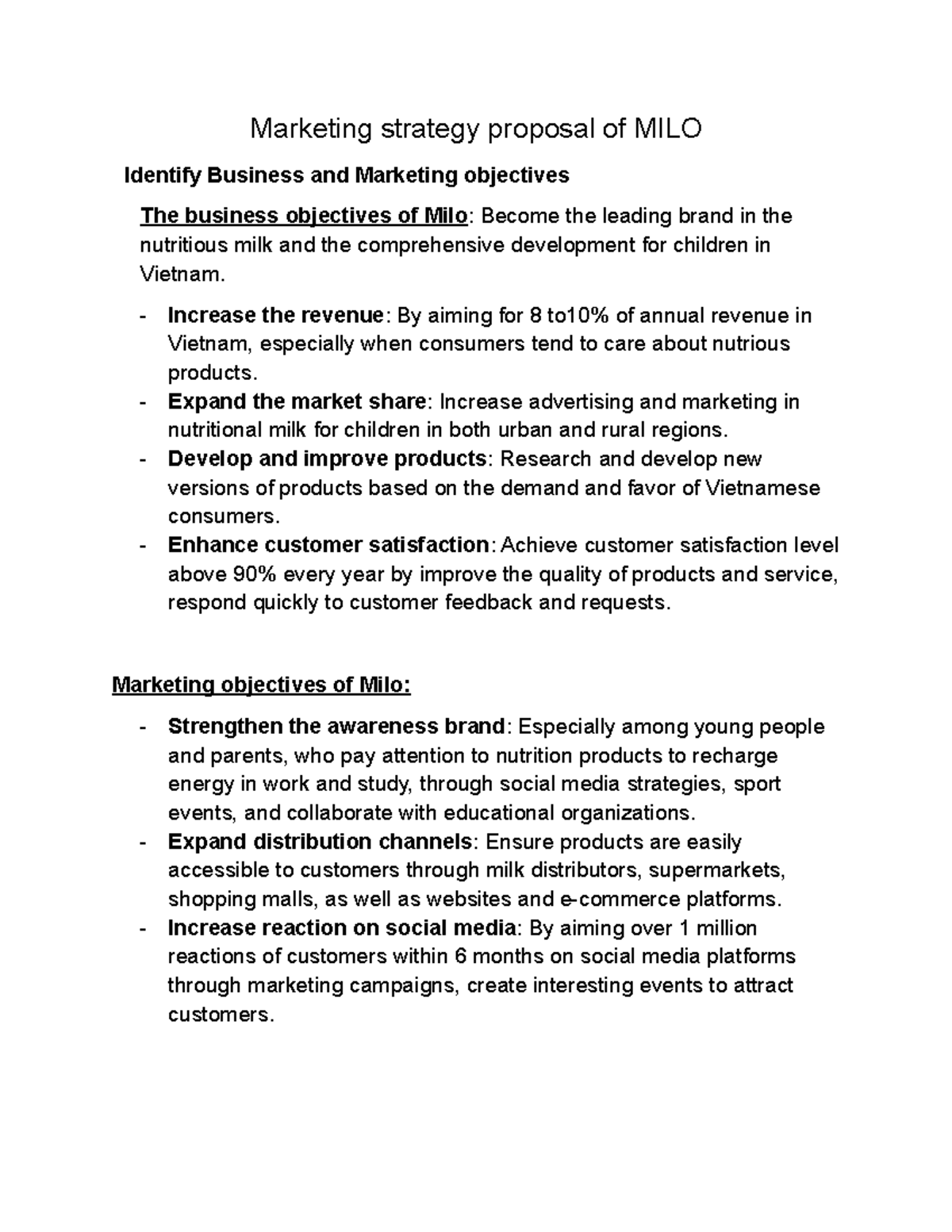 MKT 101: Final Proposal for MILO Marketing Strategy in Vietnam - Studocu