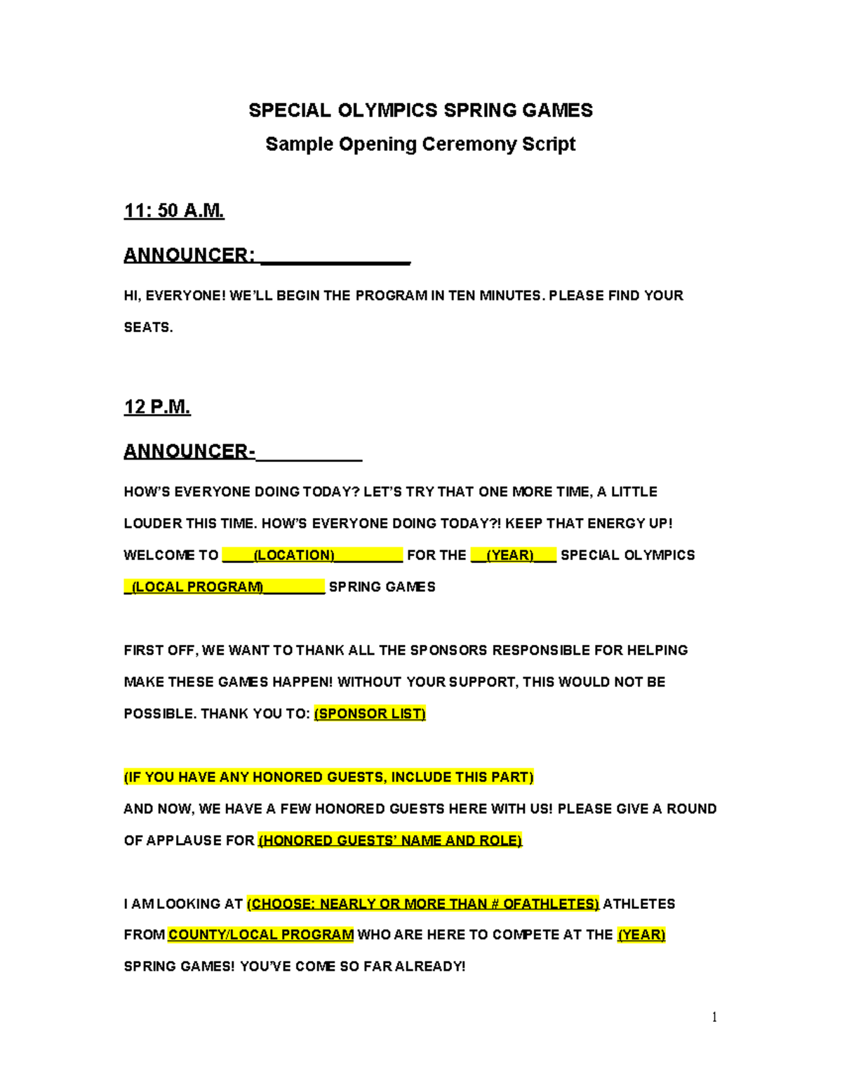 Sample Opening Ceremony Script for Special Olympics Spring Games - Studocu