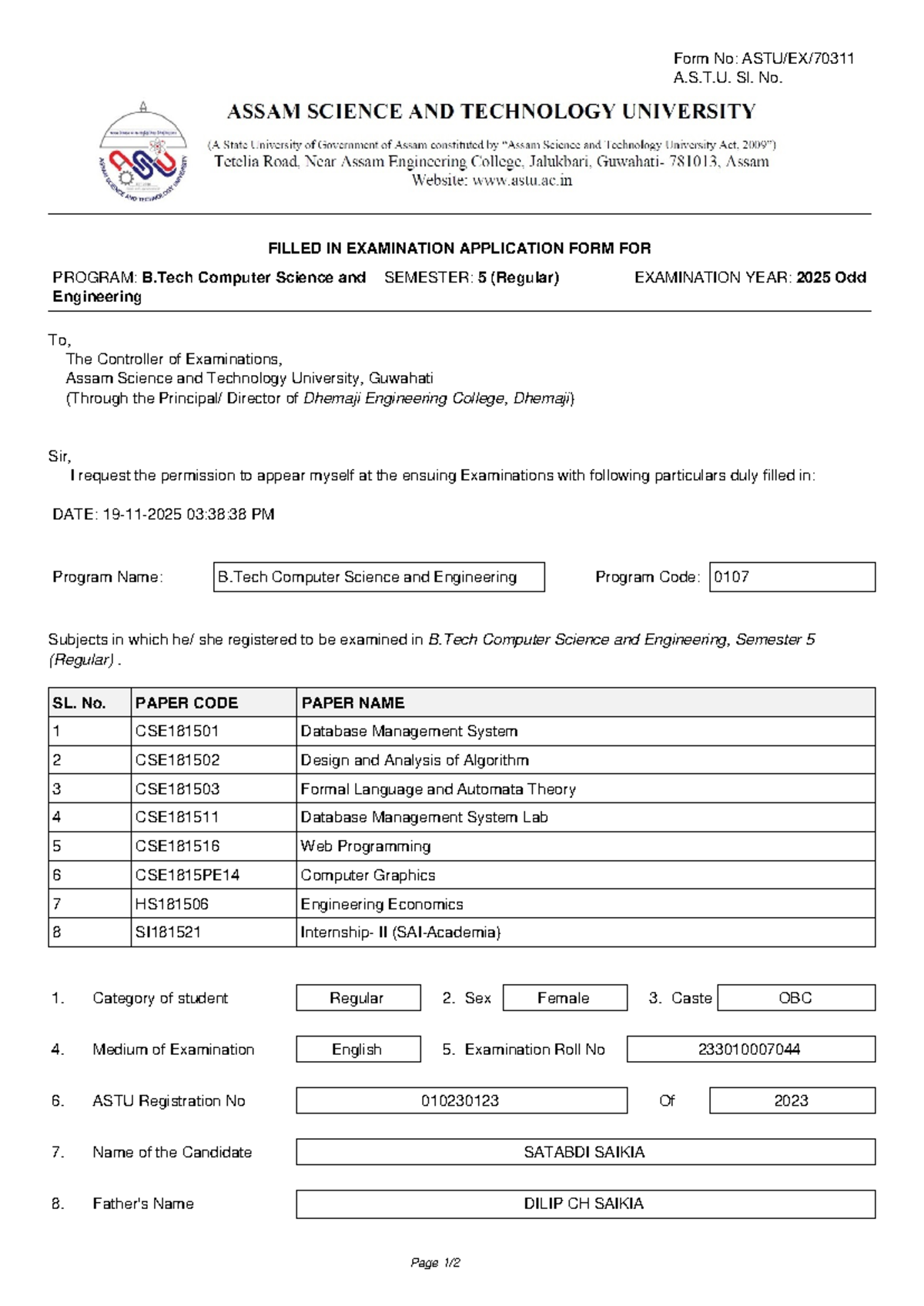 B.Tech CSE 5th Sem Exam Application Form - 2025 - Studocu